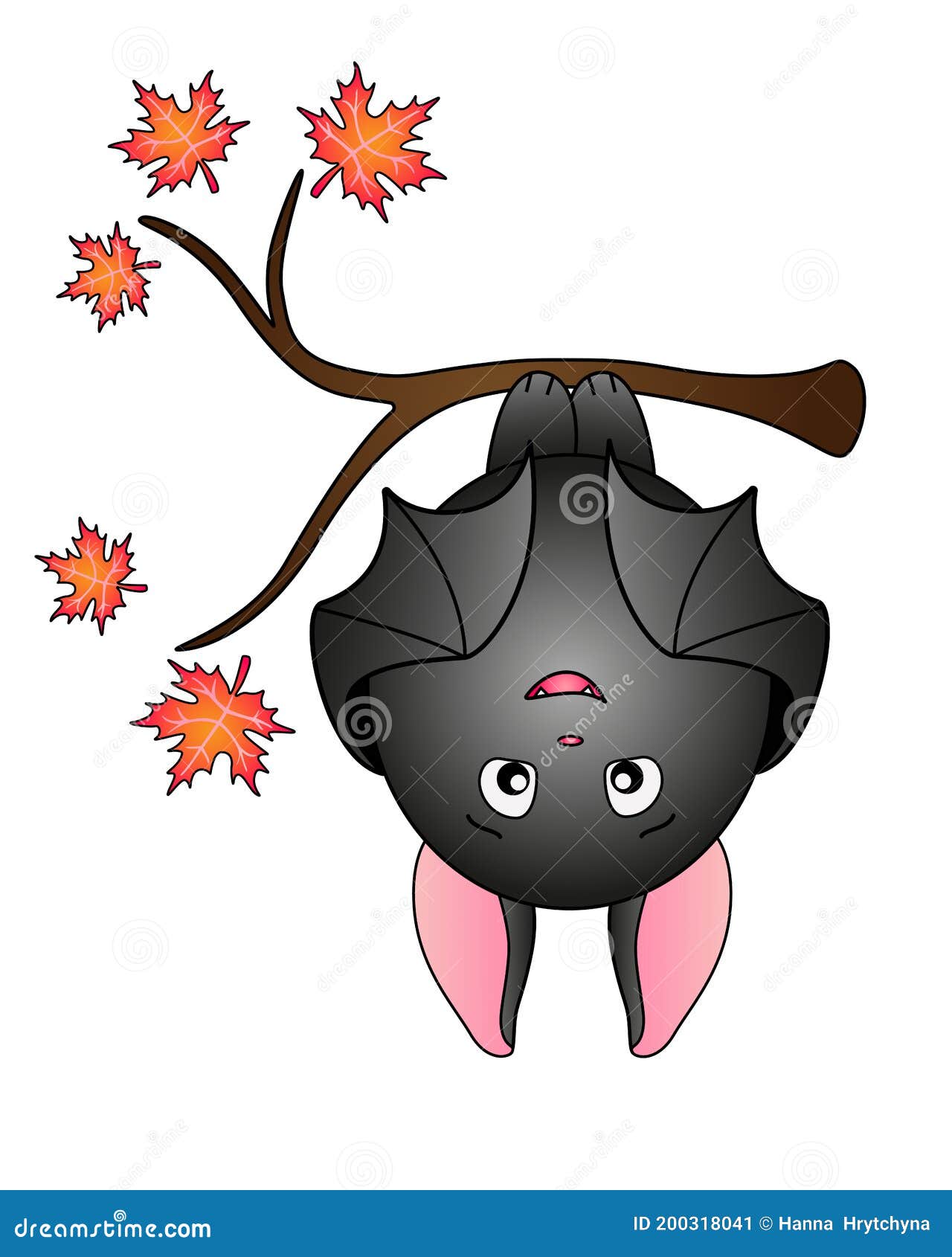 Cute Fat Bat Hangs Upside Down on a Maple Branch - Vector Full Color ...