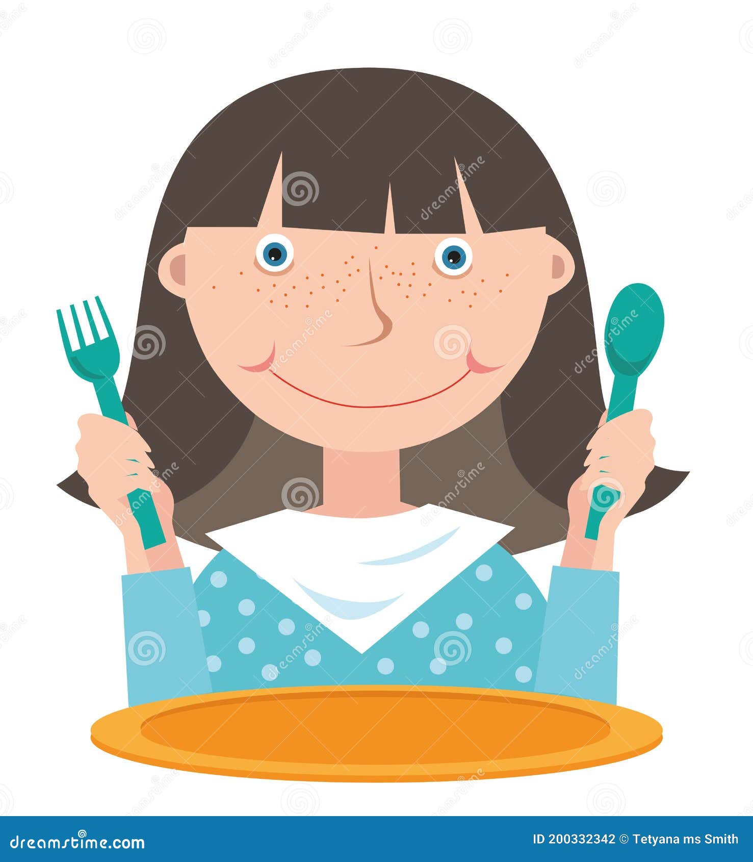 Girl with a Spoon and Fork in Her Hands in Front of an Empty Plate ...