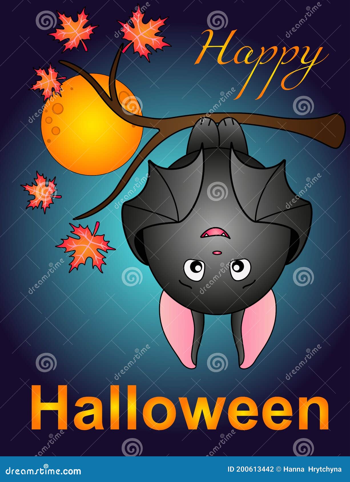 Cute Fat Bat Hangs Upside Down On A Maple Branch - Vector Full Color ...