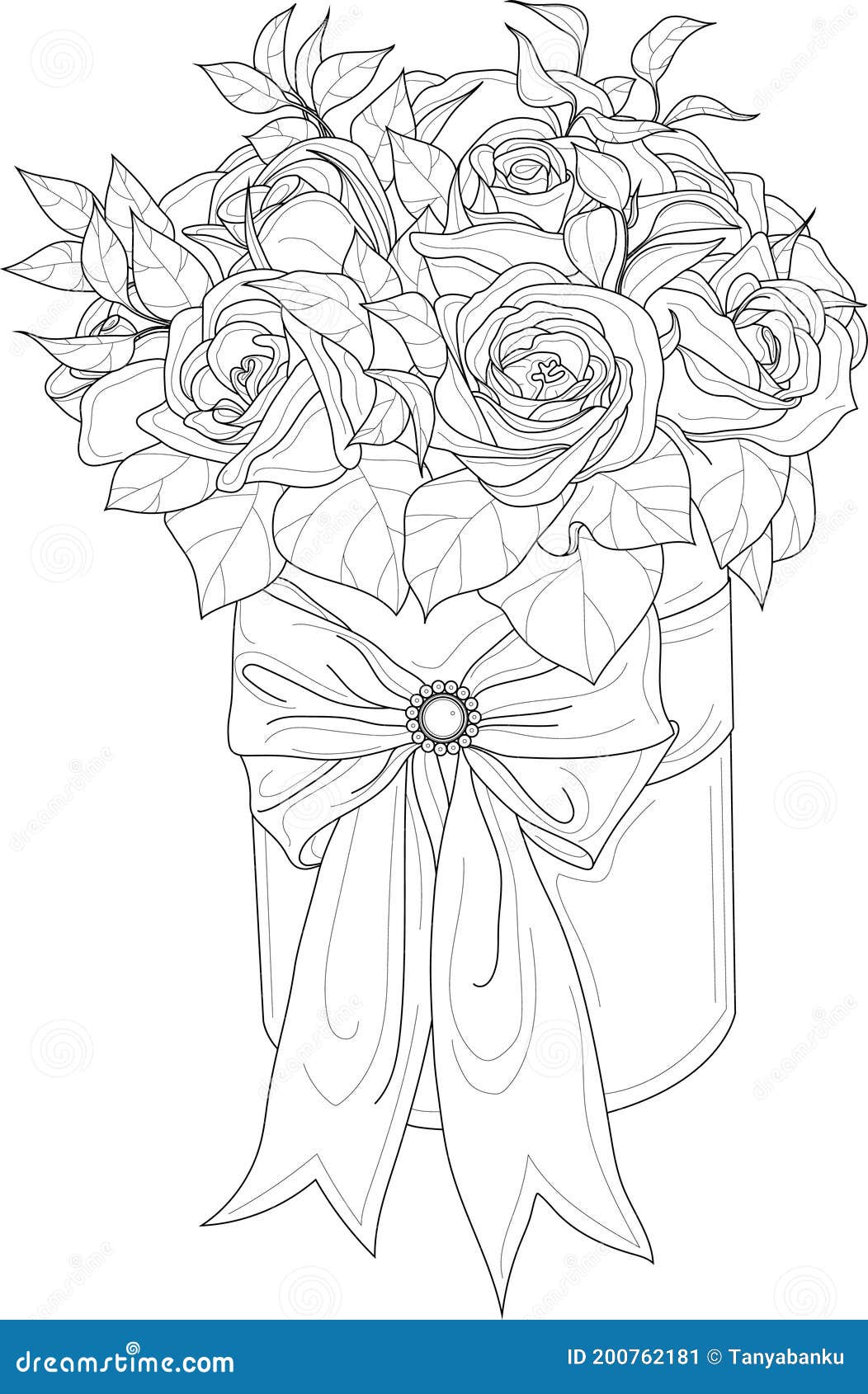 Realistic Rose Flower Bouquet with Leafs in Box with Bow Sketch ...