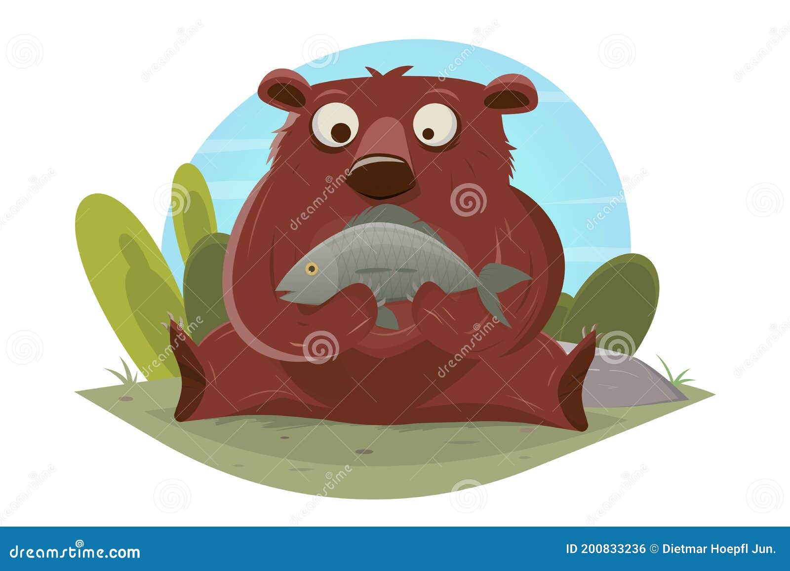 Funny Cartoon Vector Illustration of a Bear Eating a Fish Stock Vector ...
