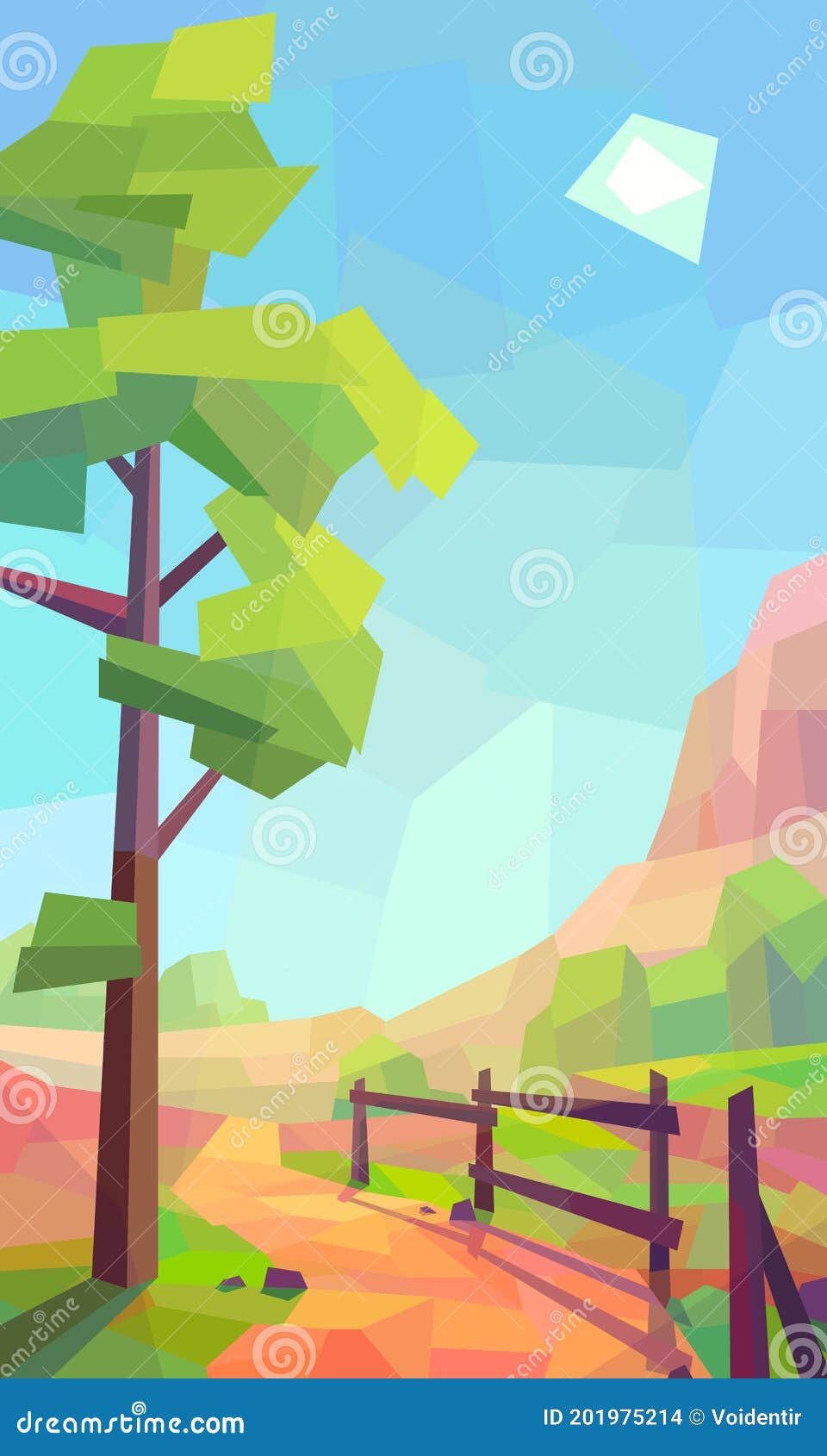 Low poly sunny path stock vector. Illustration of mountain - 201975214