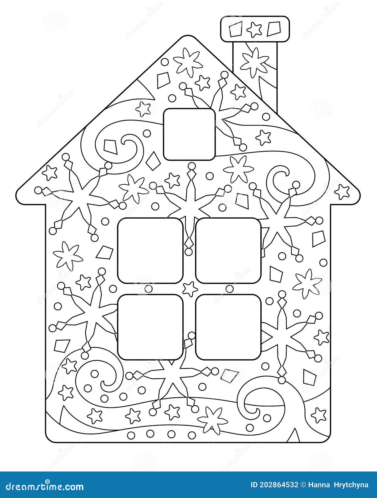 Outline Winter Snowy House Window With Wreath And Snowdrift With ...