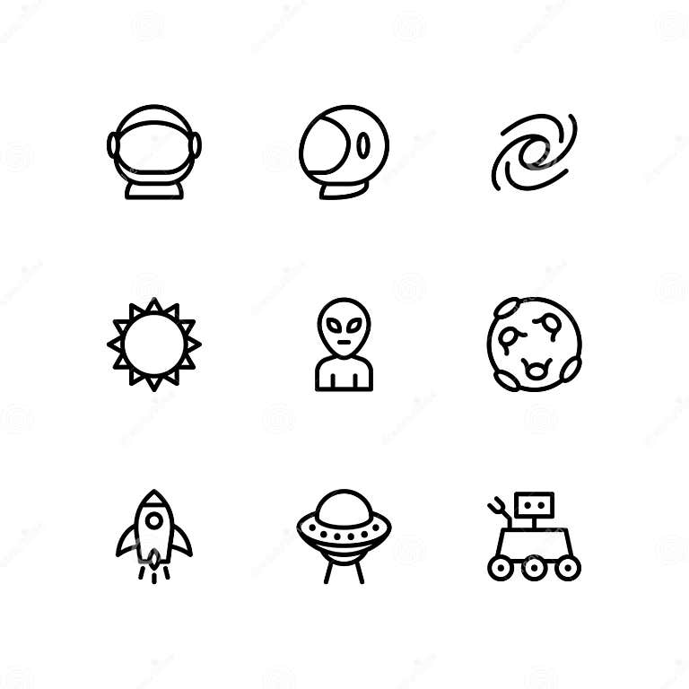 Space Outline Icon Set. Contains Icons Such As Astronaut, UFO Spaceship ...