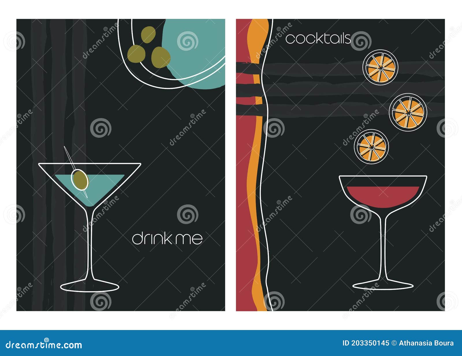 Set of Cocktail Line Art Doodles in Dark Background Stock Vector ...