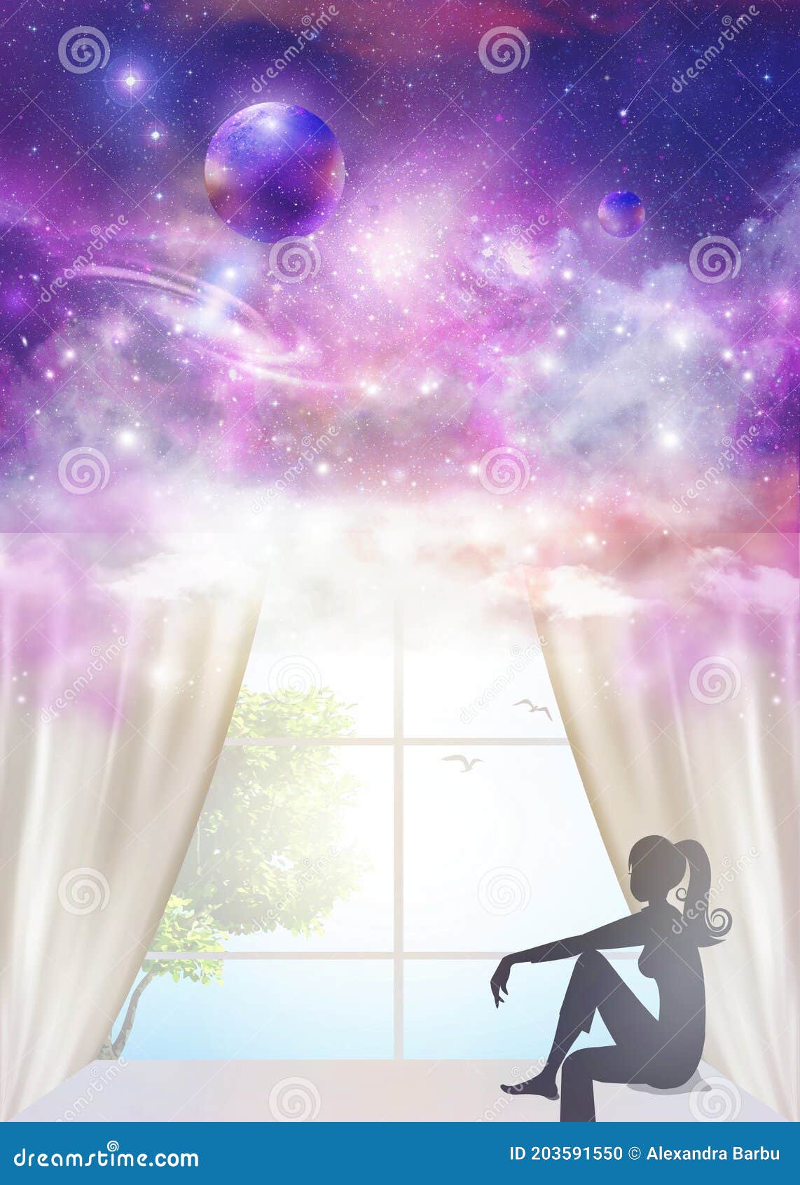 Girl Silhouette at Window, Meditating, Day Dreaming, Cosmos, Universe ...