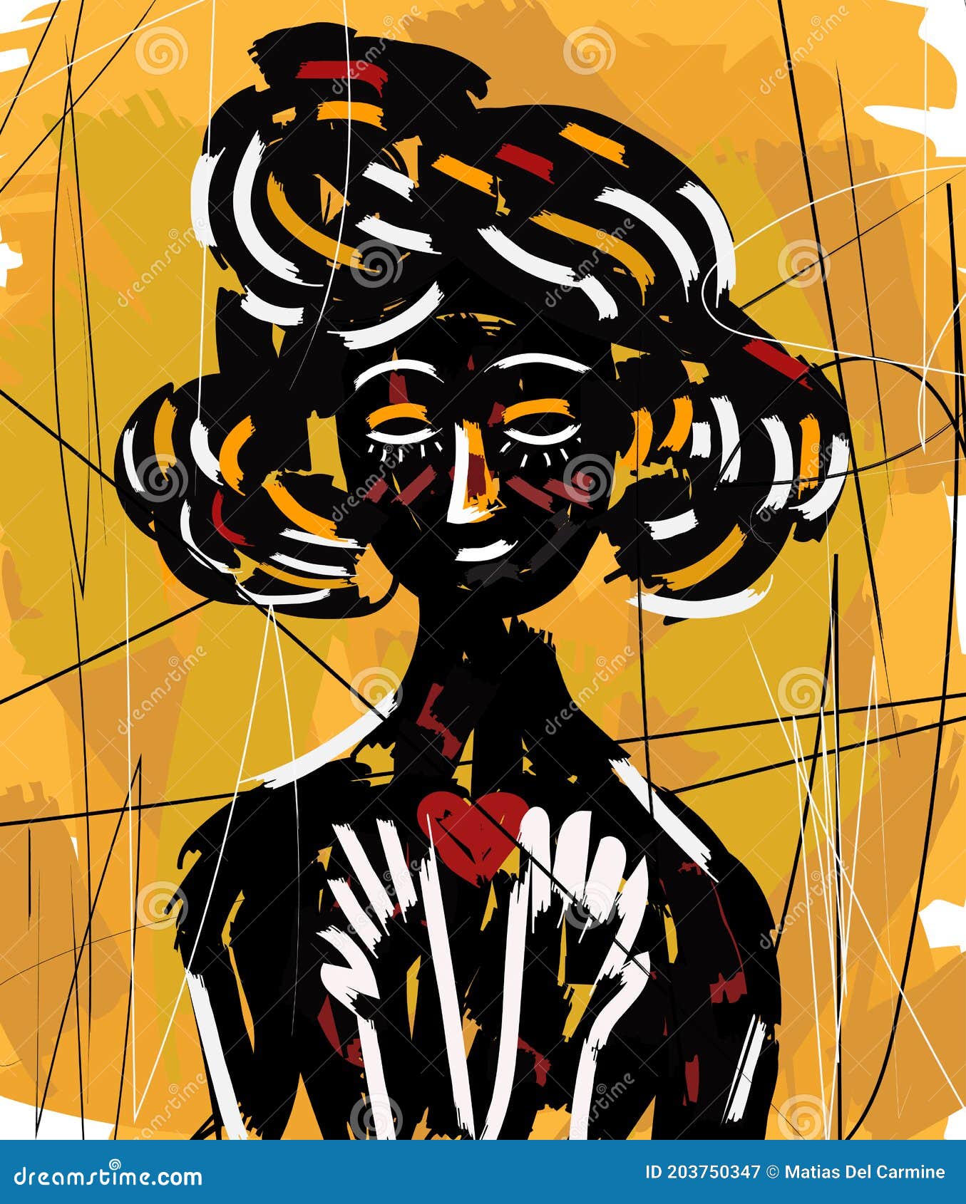 Beautiful Expressionist Doodle Girl With A Cute Heart Cartoon Vector ...