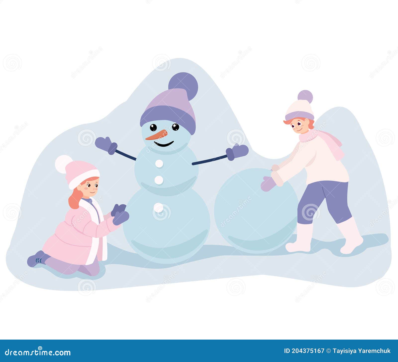 Children Make a Snowman. Vector Cartoon Illustrations for Postcards and ...