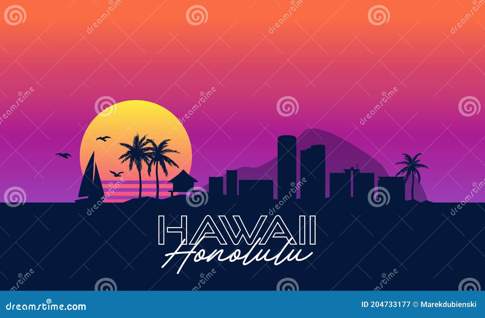 Honolulu Hawaii Island Skyline Landscape Stock Vector - Illustration of ...