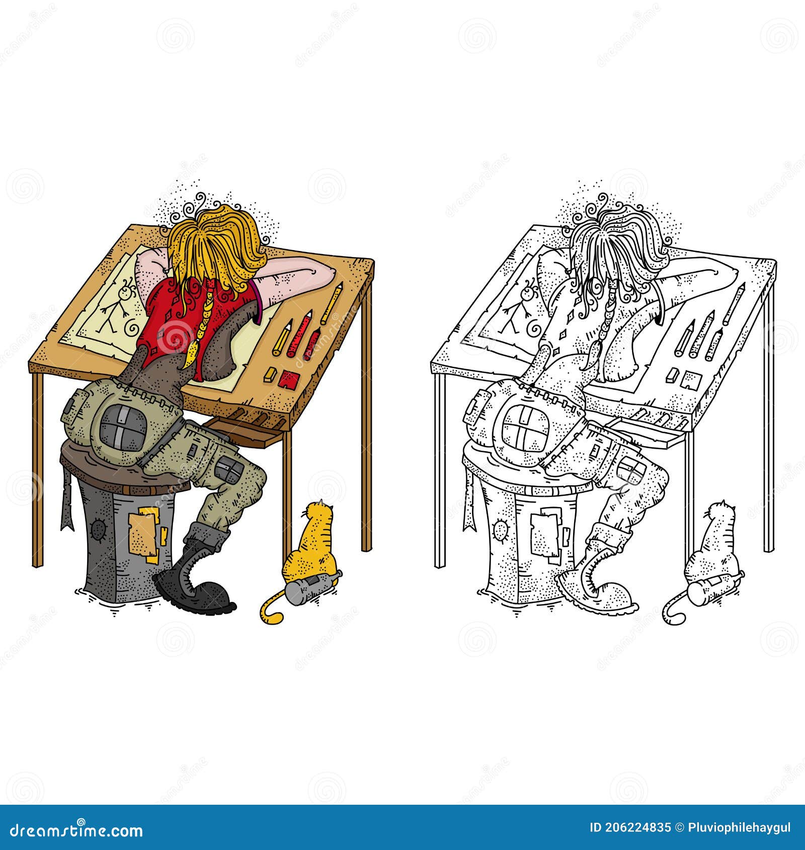 An Artist or Illustrator Asleep on the Drawing Table Stock Vector ...