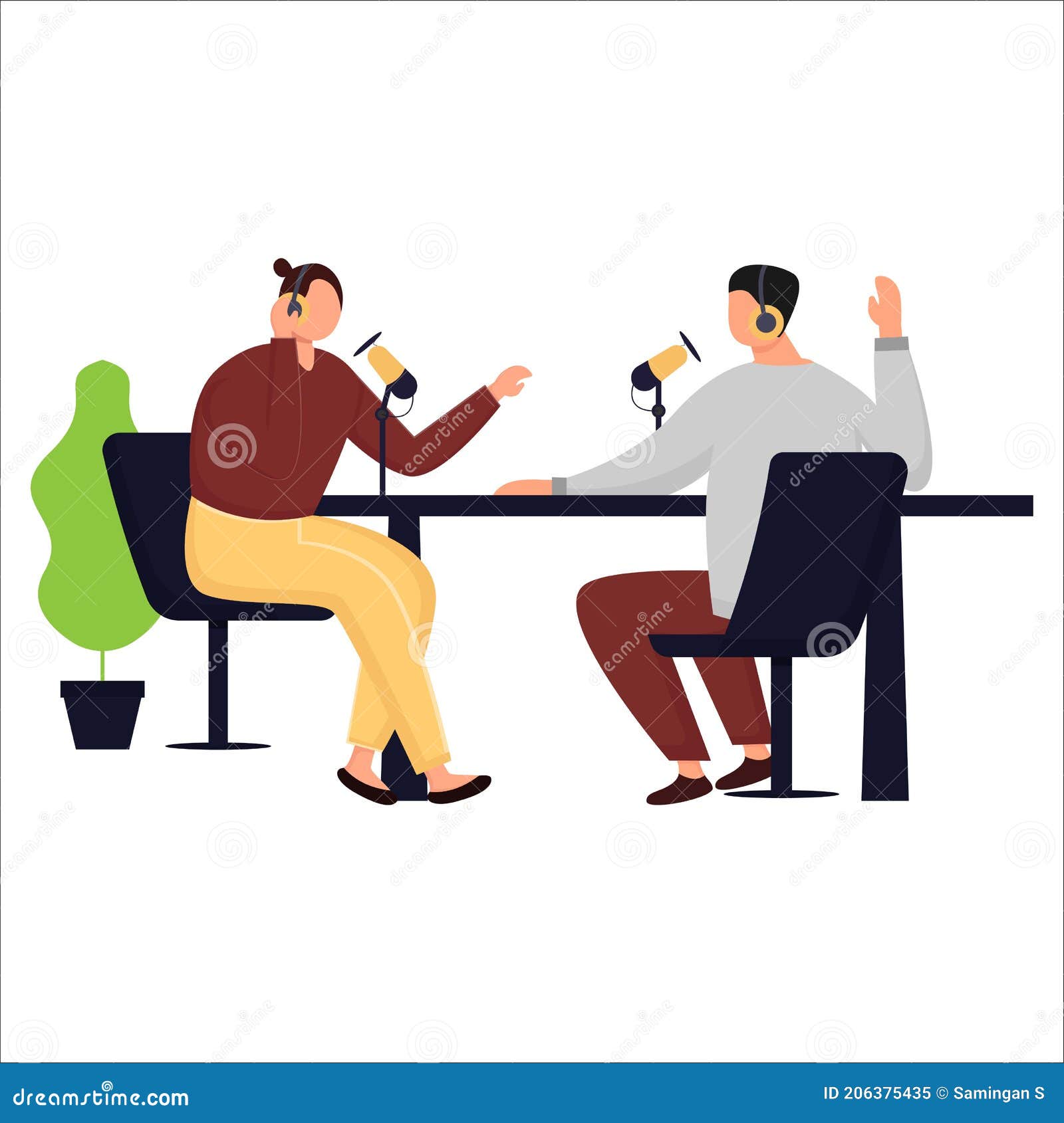 Cartoon Smiling People Listening and Recording an Audio Podcast Stock ...