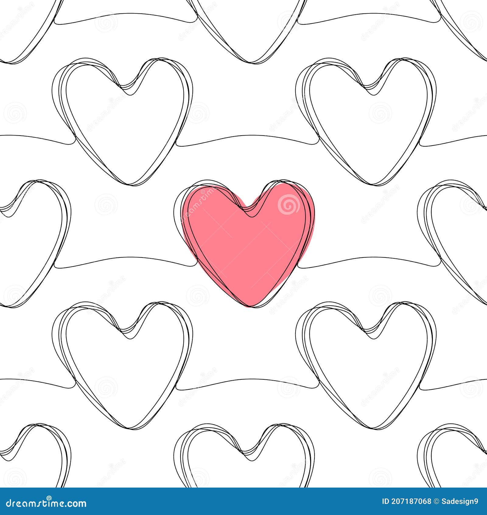 Seamless Pattern with One Line Drawing Heart Sketch. Stock Vector ...