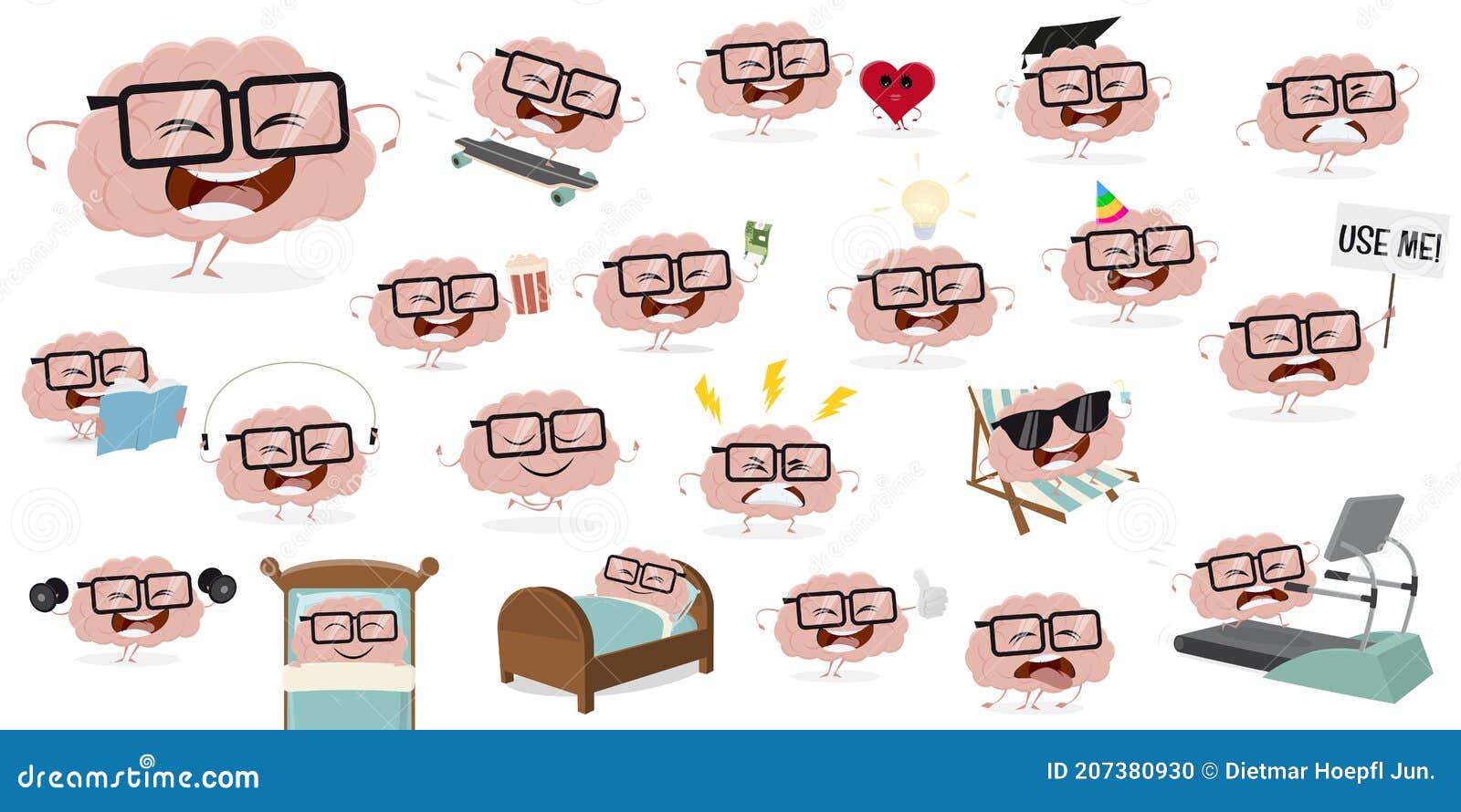 Large Cartoon Collection of a Funny Brain in Different Situations Stock ...