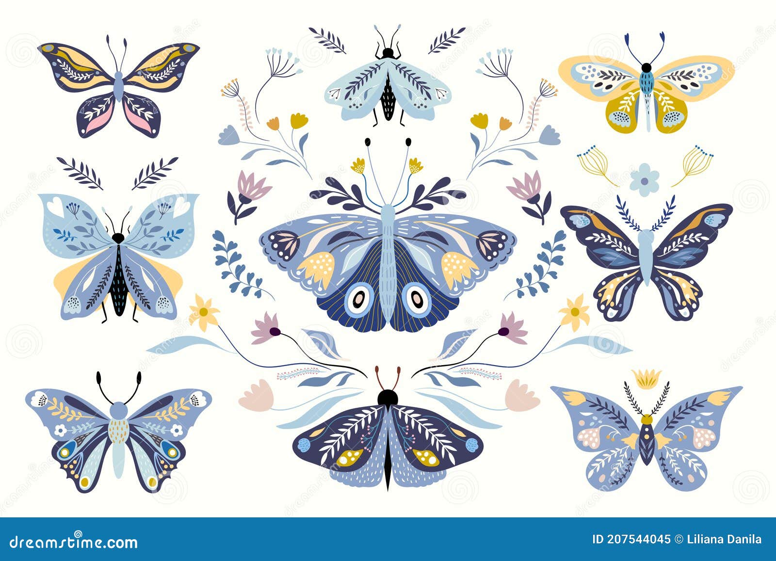 Butterflies, Moths and Flowers Collection with Abstract Decorative ...