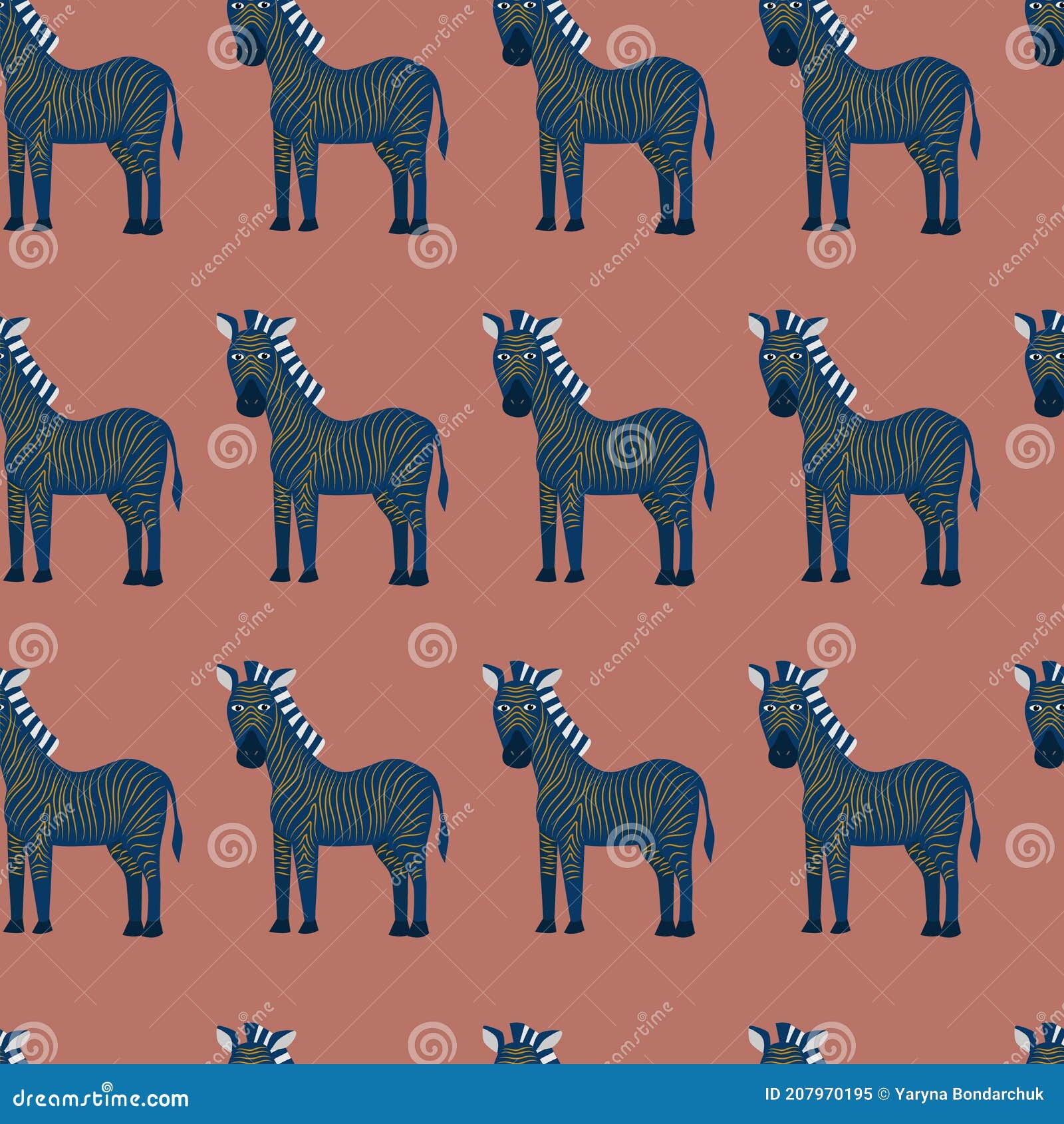 Cute Blue Zebra with Yellow Strips. Seamless Pattern Stock Vector ...