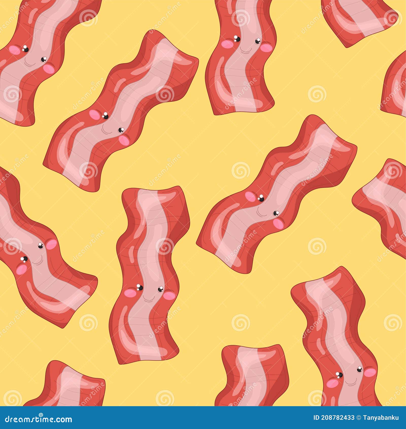 Colorful Cartoon Bacon with Cute Face Seamless Pattern Template Stock ...