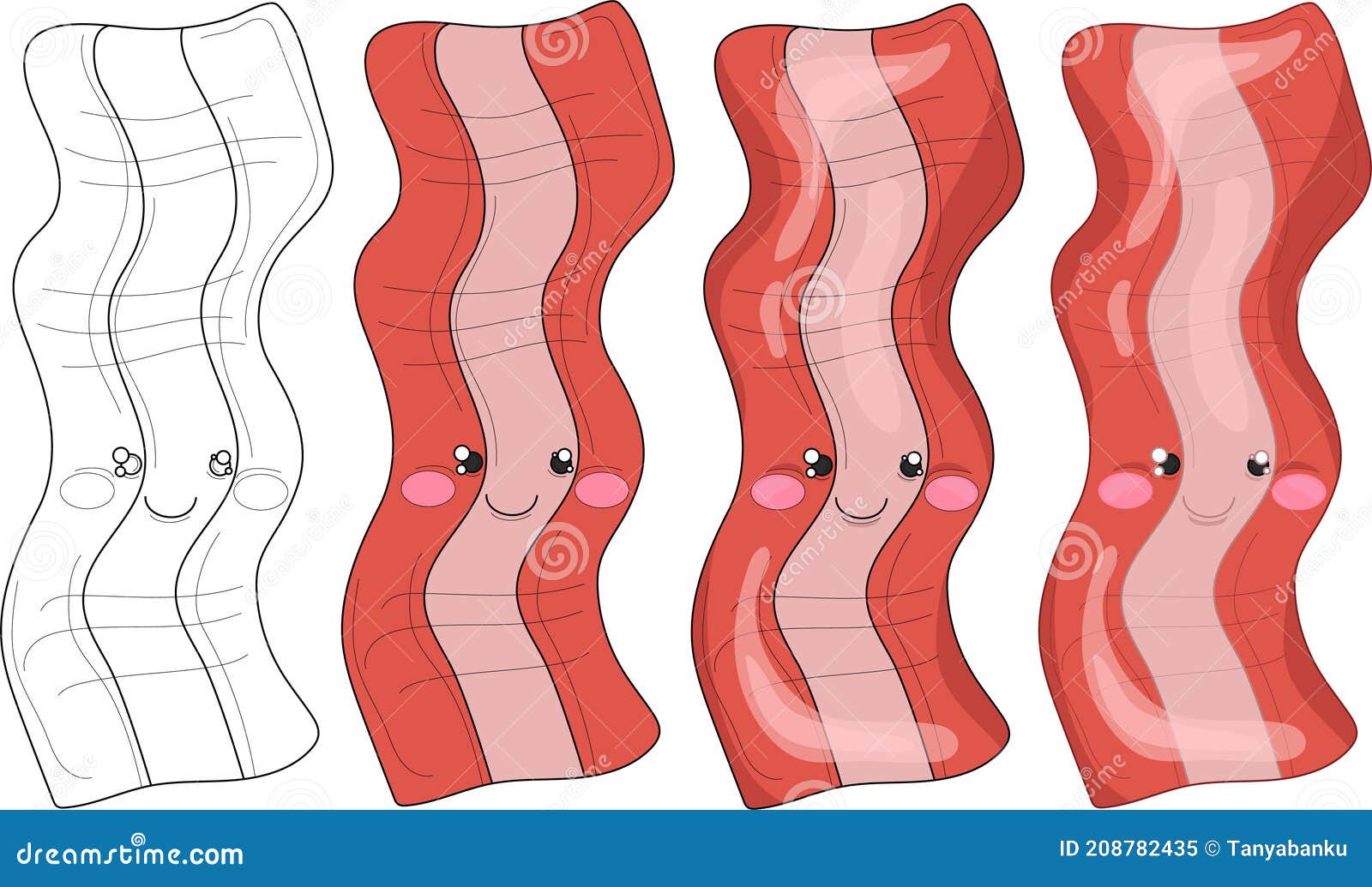 Colorful Cartoon Bacon with Cute Face Sketch Template Set. Stock Vector ...