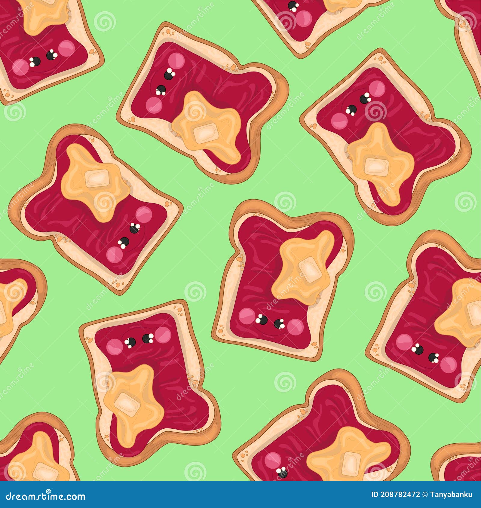 Colorful Cartoon Toast with Cute Face Jam and Butter Seamless Pattern ...