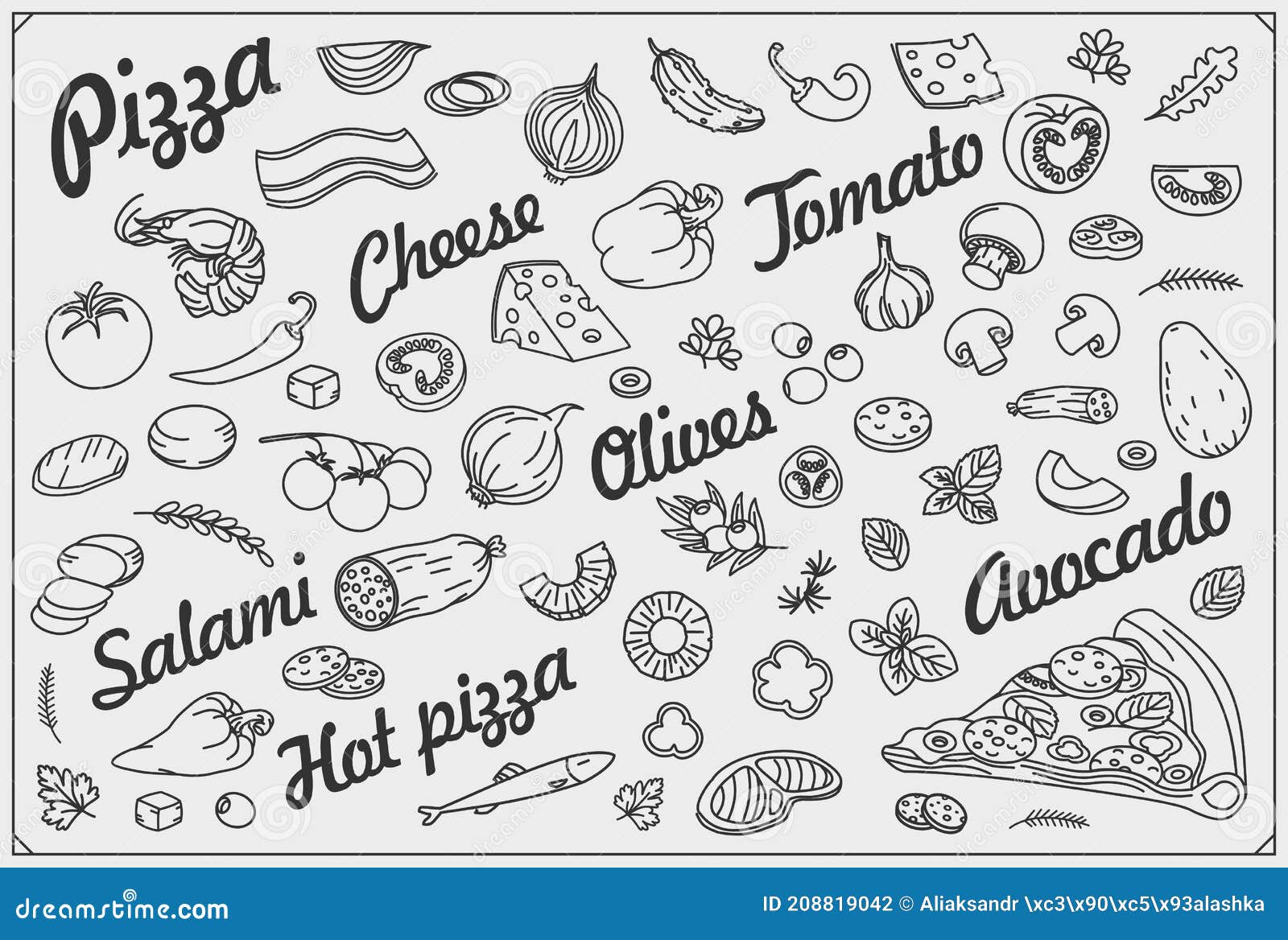 Pizza Slice and Ingredients. Pizzeria Background and Design Elements ...