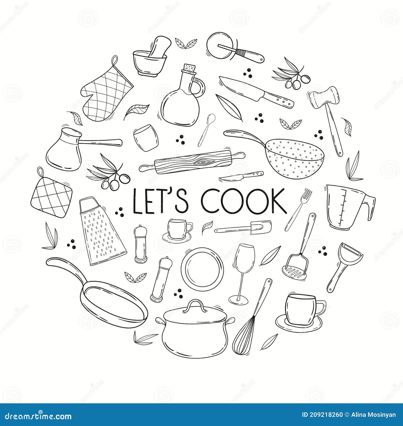 Hand Drawn Kitchen Utensils and Tableware. Line Art in Circle Shape ...