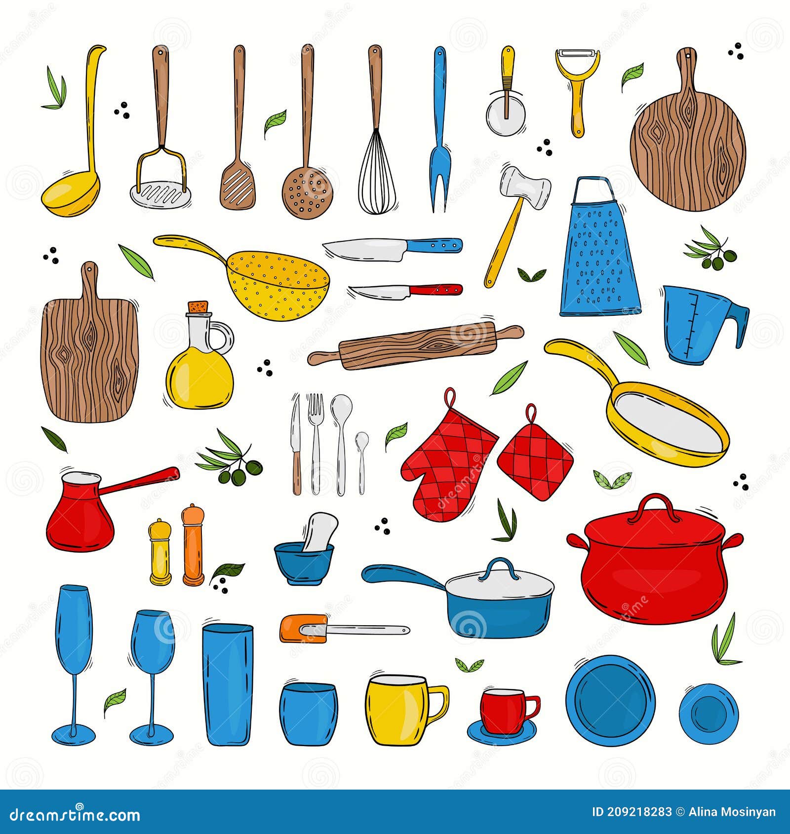Colorful Hand Drawn Collection of Kitchen Utensils and Tableware in ...