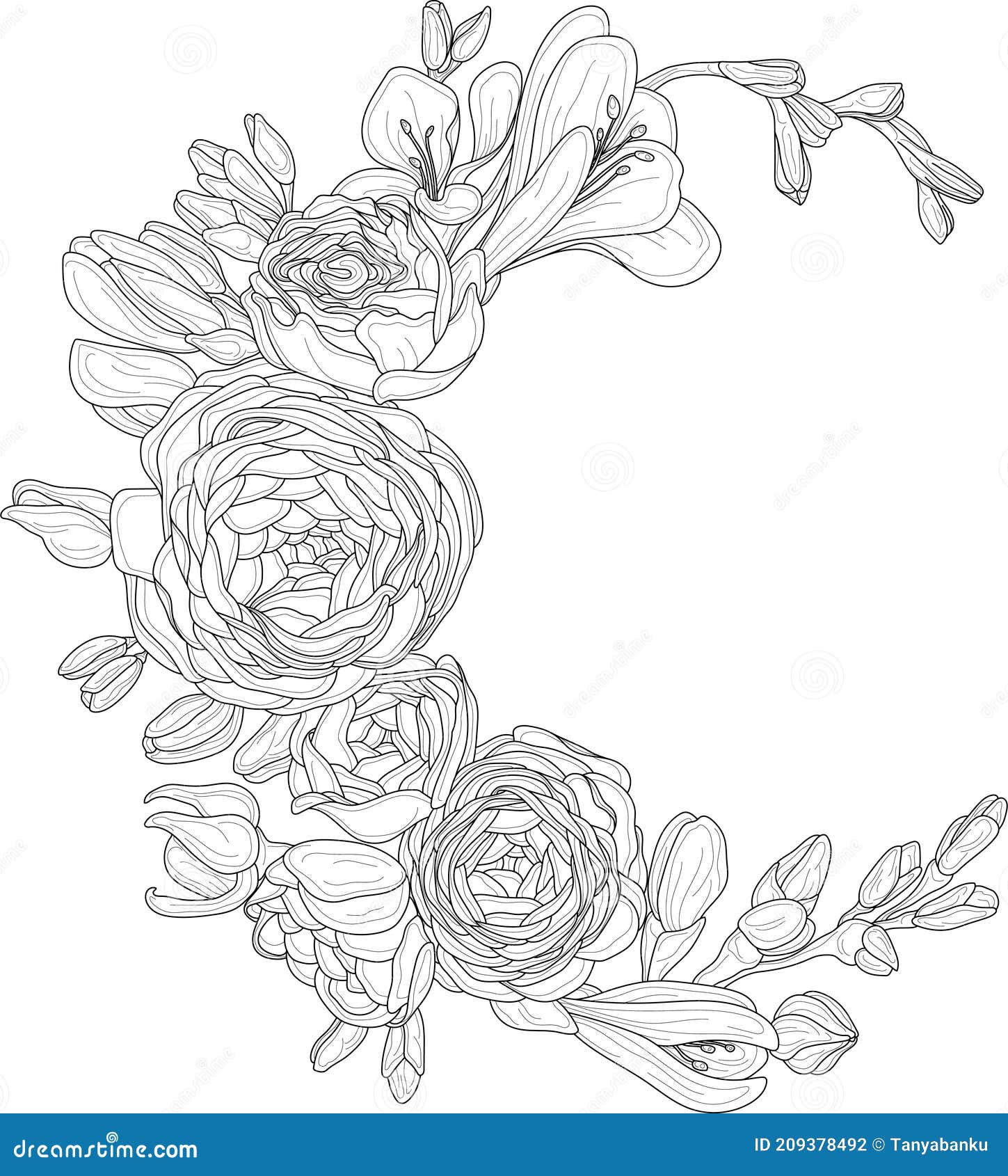 Realistic Crocus and Peony Flower Bouquet in Moon, Half Circle Shape ...