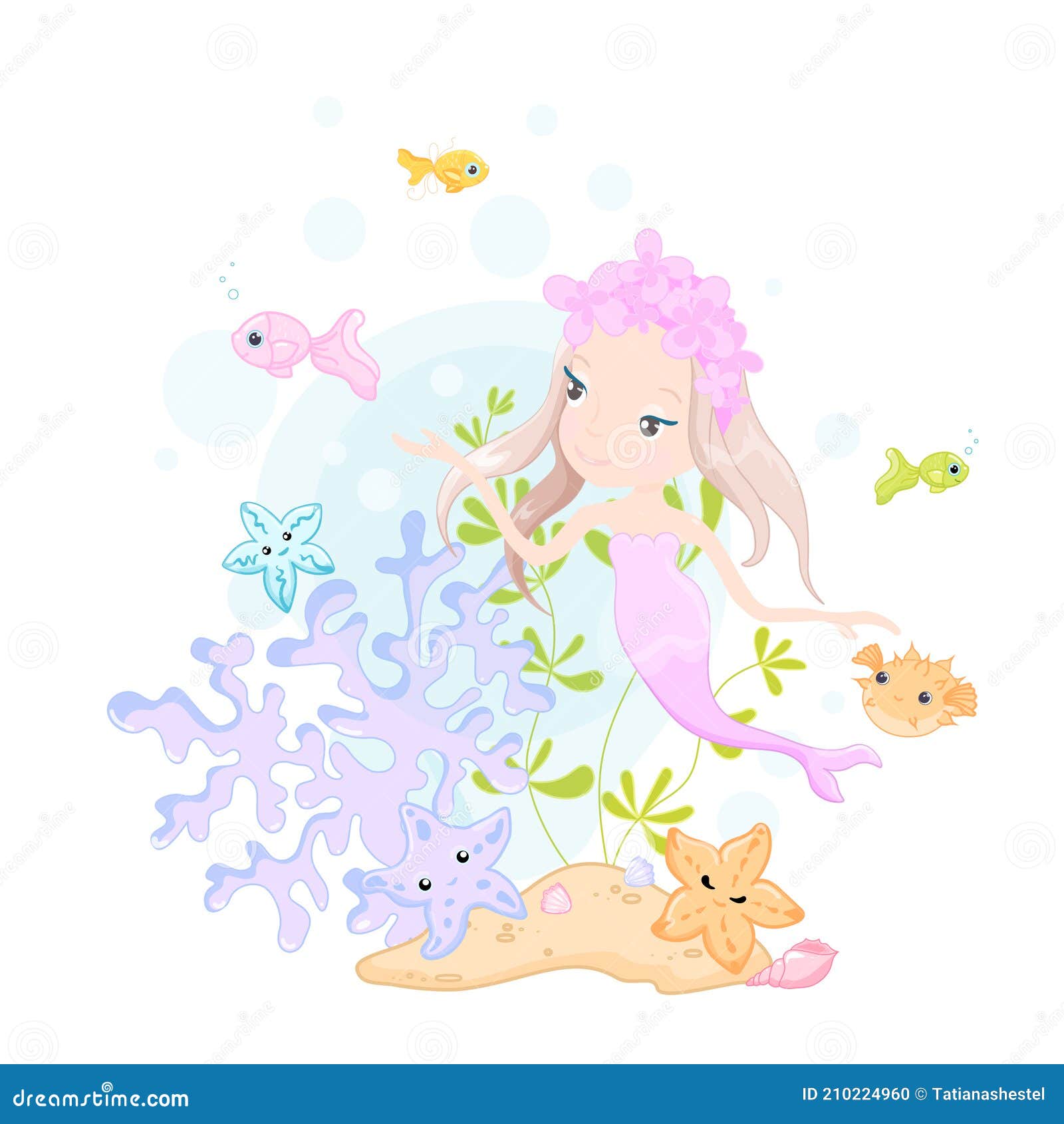 Cute Little Beautiful Mermaid and Star Fishes Vector Colorful Clip Art ...