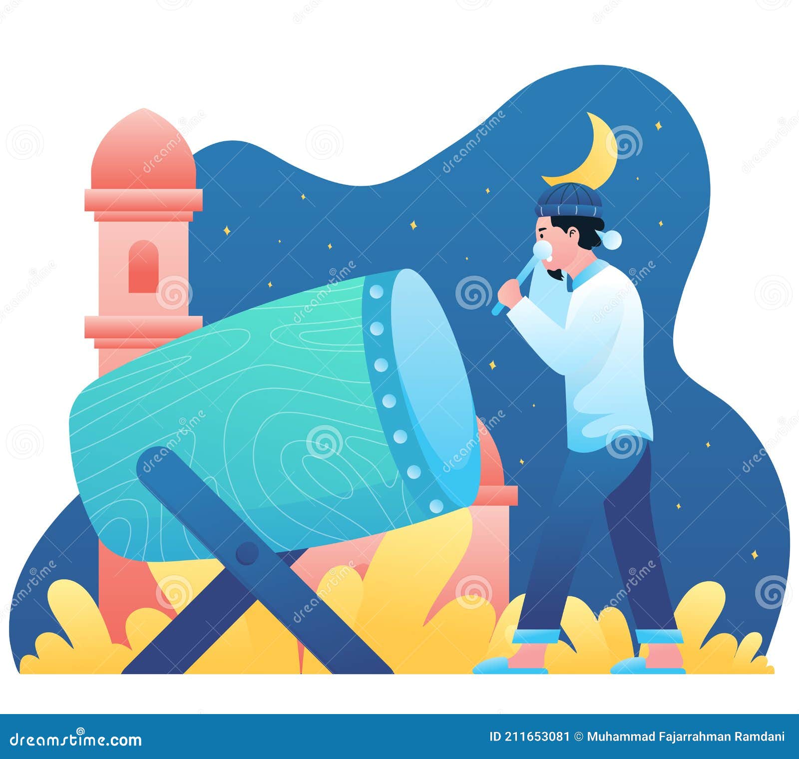 Muslim Boy Hitting Bedug To Prayer Time Marker Or Fasting Time In ...