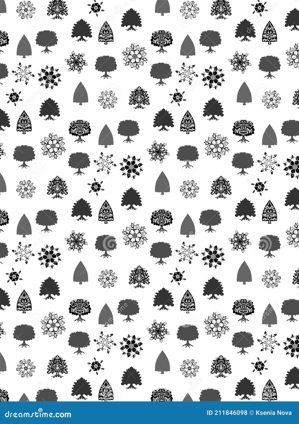 Seamless Patterns with Black Trees and Flowers Stock Vector ...