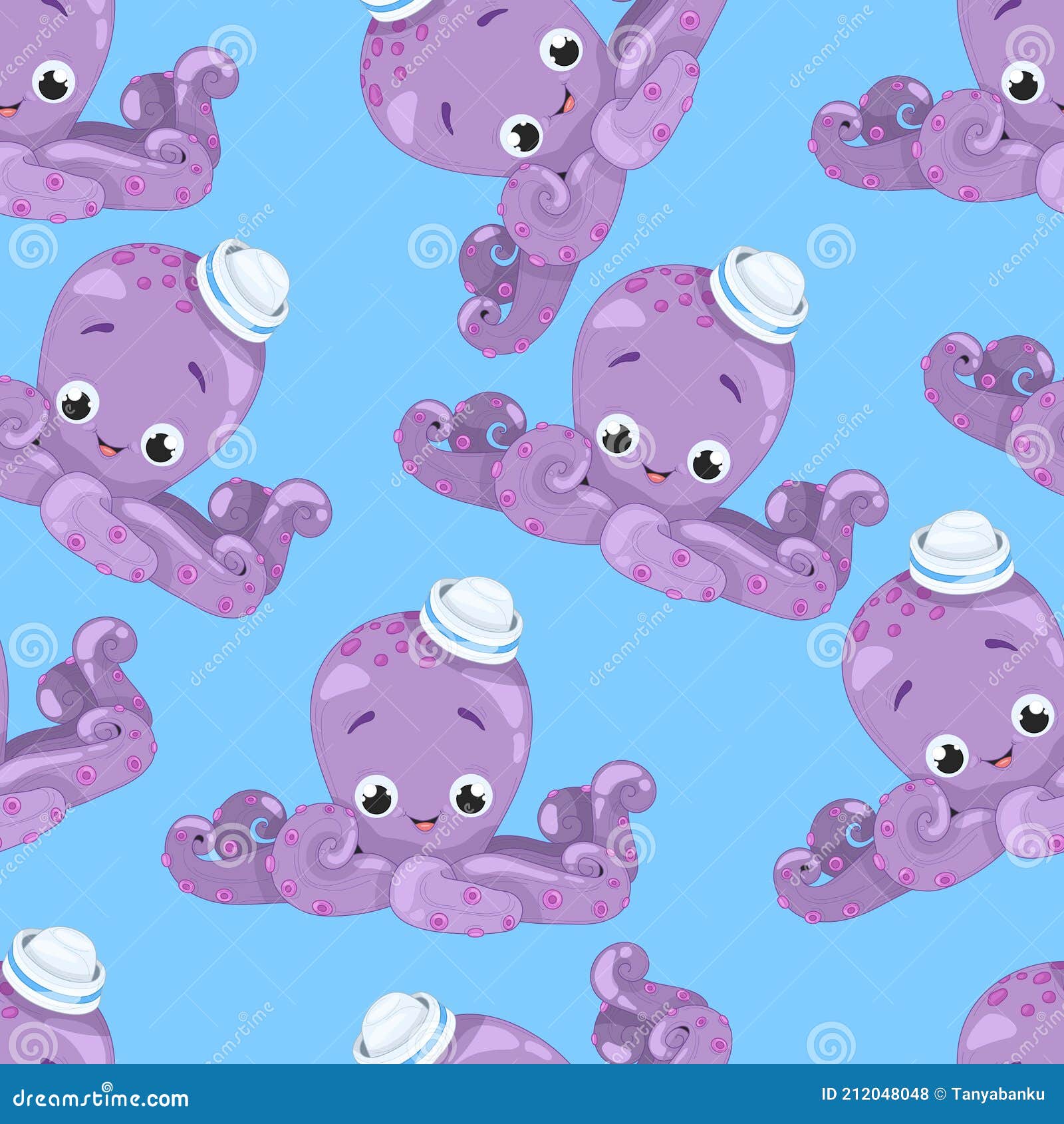 Cute Bright Cartoon Purple Octopus in Small Sea Hat Seamless Pattern ...
