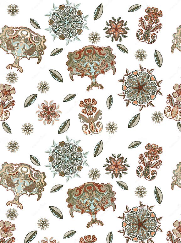 Seamless Patterns with Trees and Flowers Stock Vector - Illustration of ...