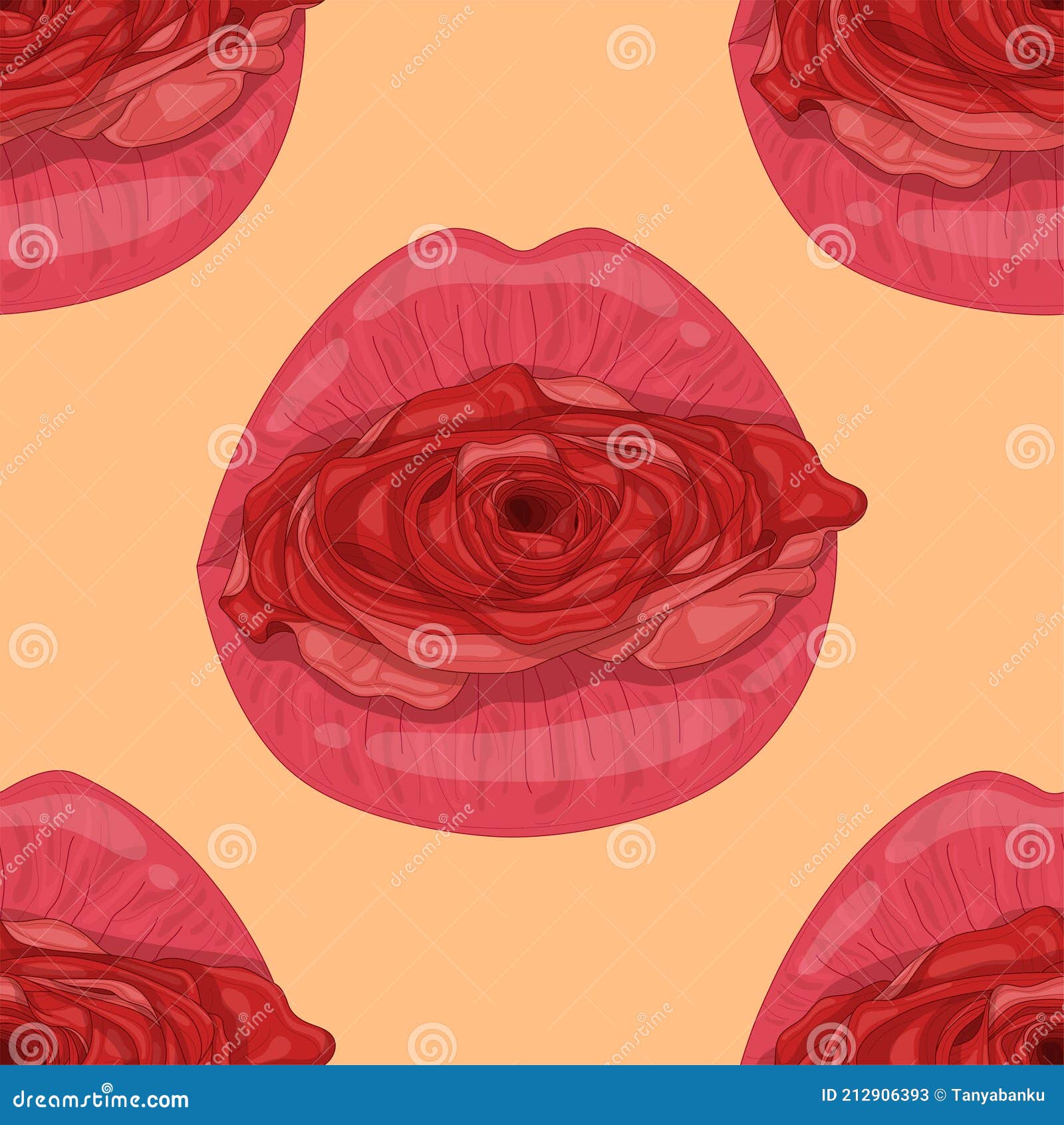 Realistic Bright Pink Lips and Red Rose Flower Seamless Pattern ...