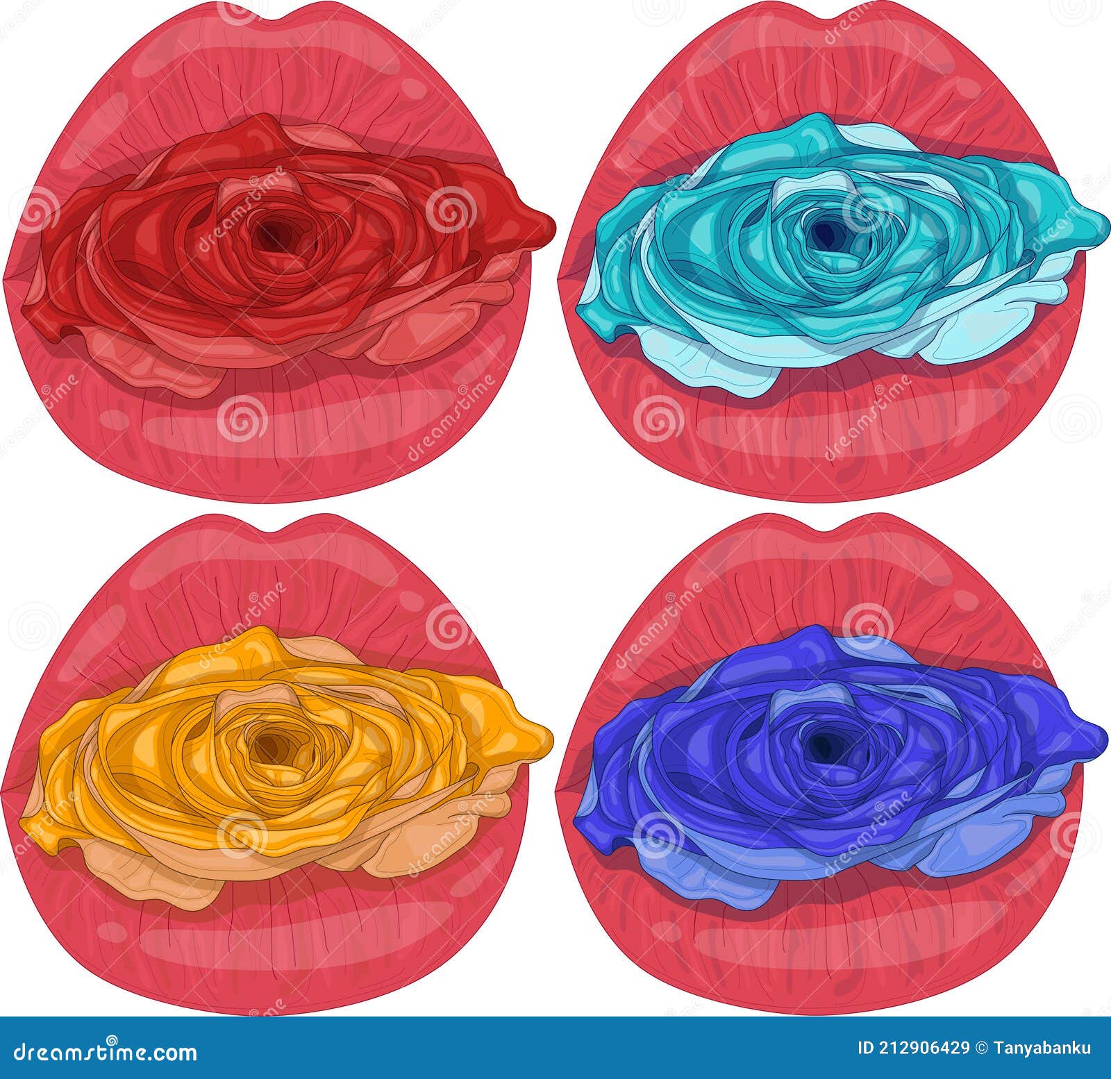 Realistic Rainbow Bright Pink Lips and Rose Flowers Template Set ...