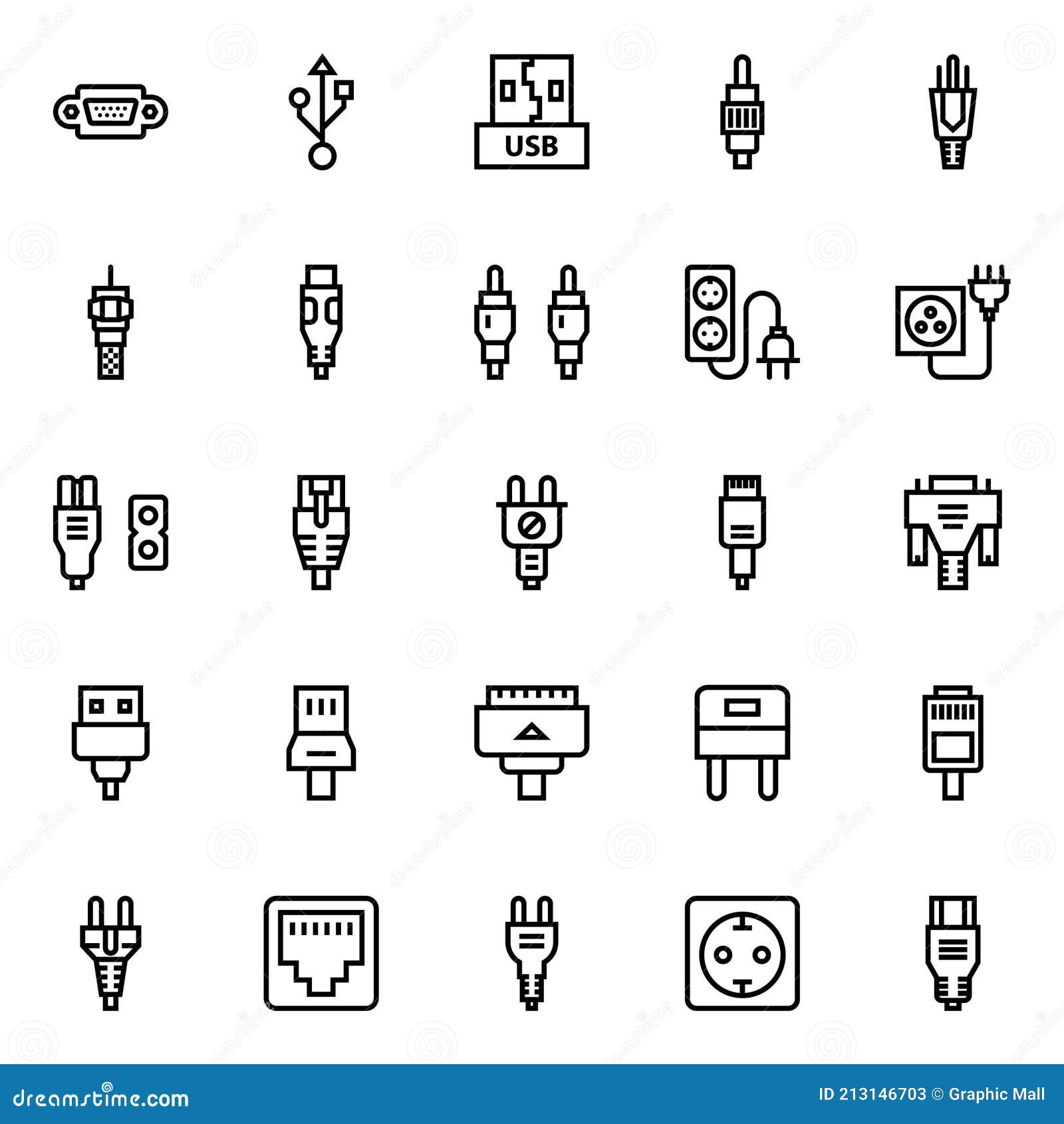 Outline Icons for Connectors and Cables. Stock Illustration ...