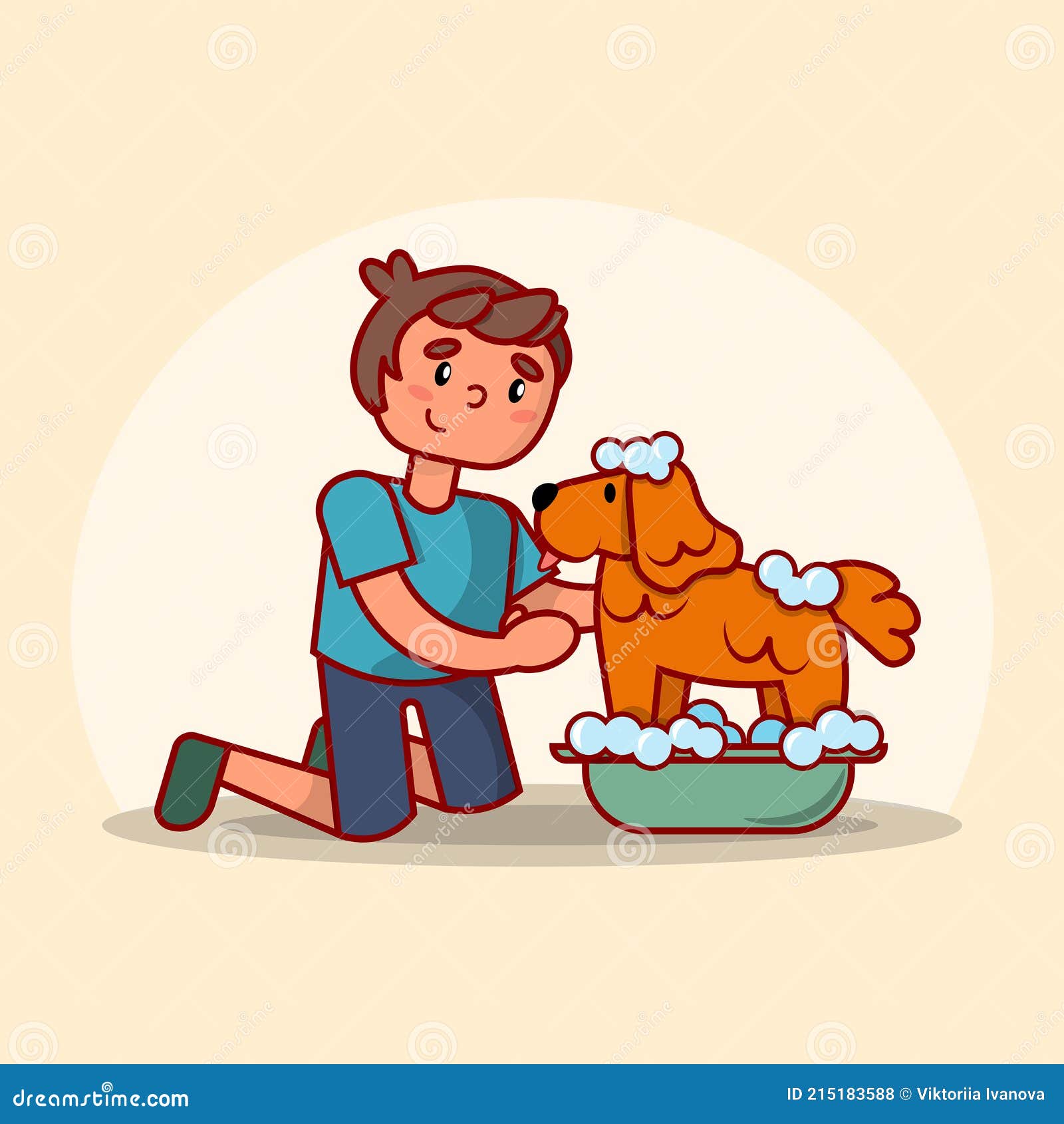 Bath Time. Everyday Scenes with Pets. a Boy is Washing His Dog. Flat ...