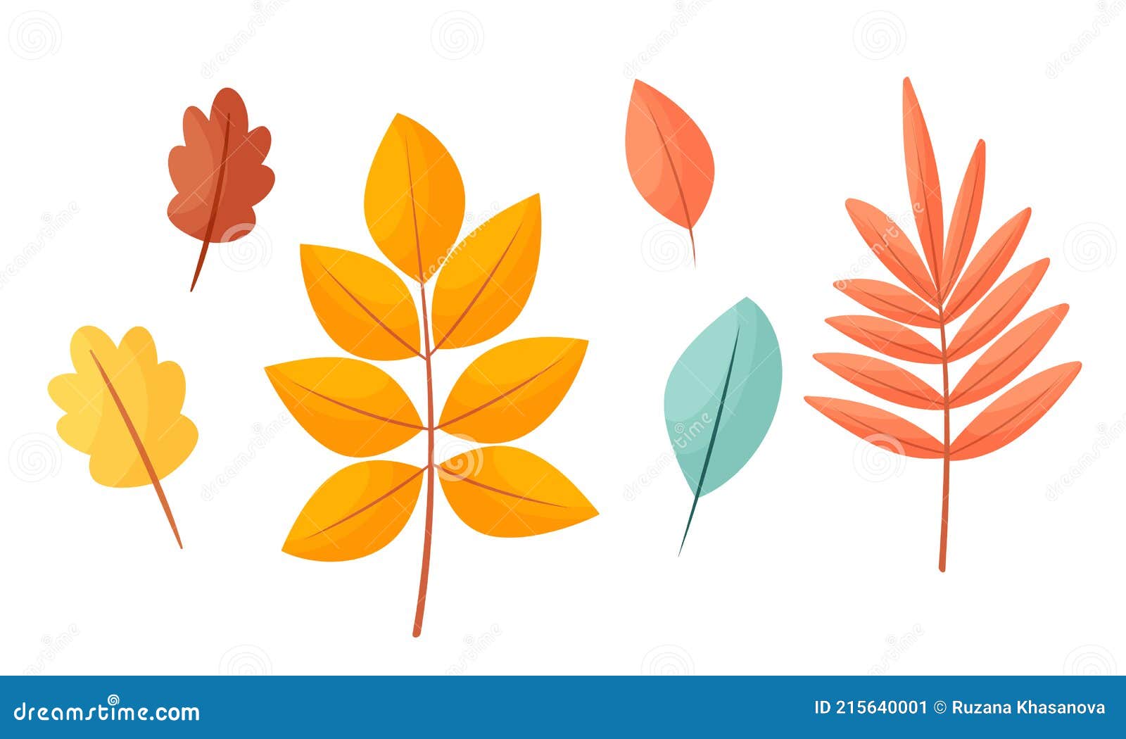Vector Set of Autumn Leaves in Cartoon Style. Yellow, Red, Orange ...