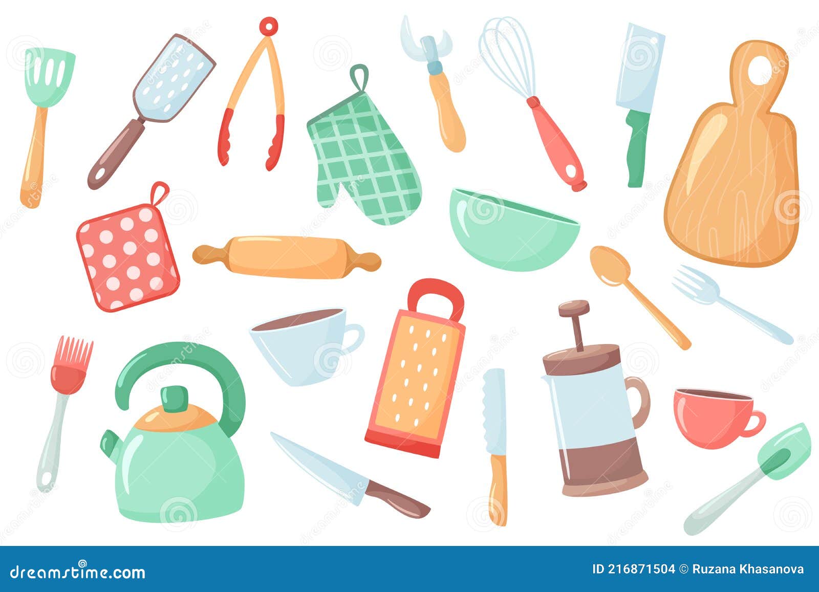 Vector Set Of Kitchen Utensils In Cartoon Style. Kitchen Tools Icons ...