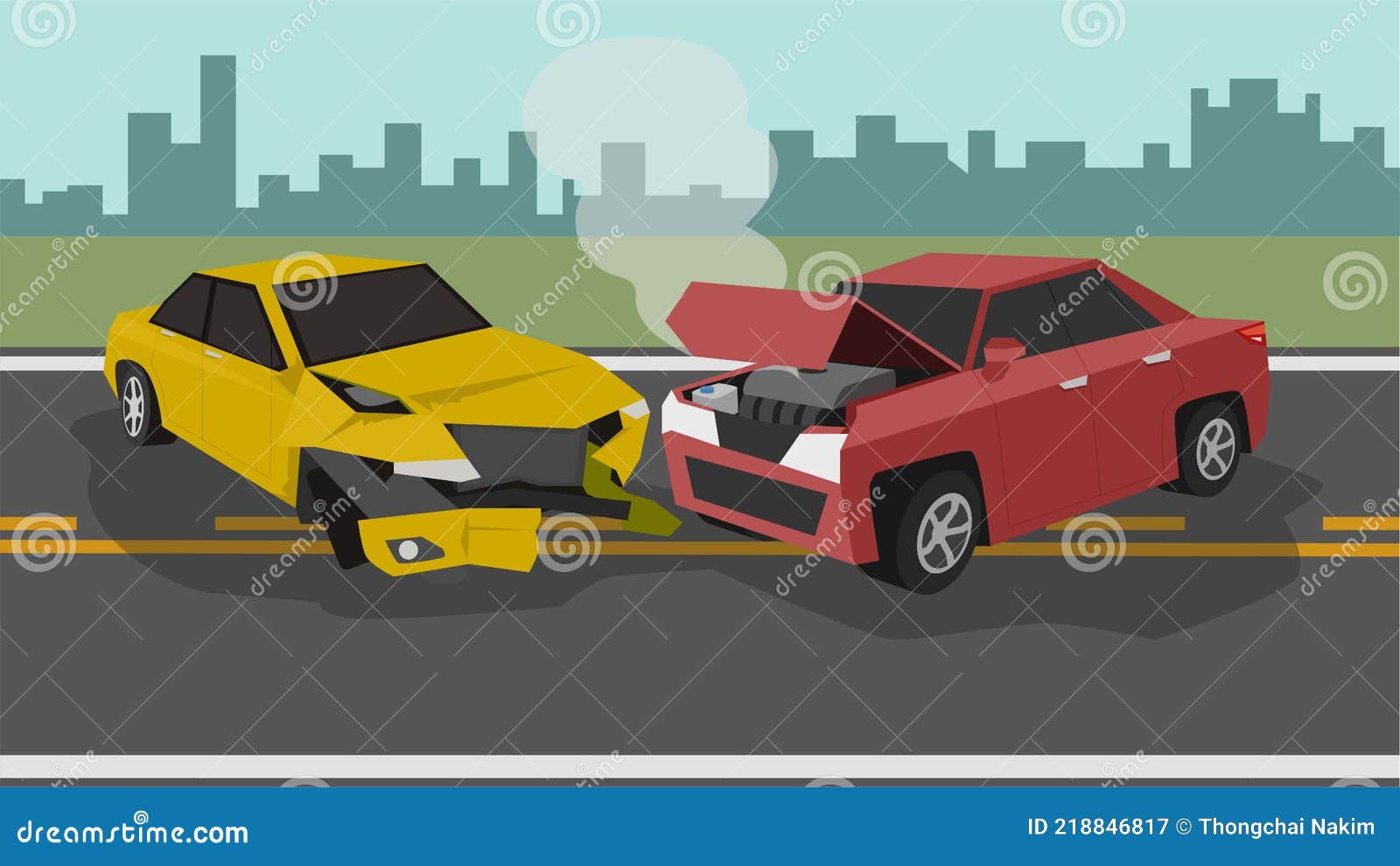 Two Cars Collide on a Asphalt Road. Stock Vector - Illustration of ...