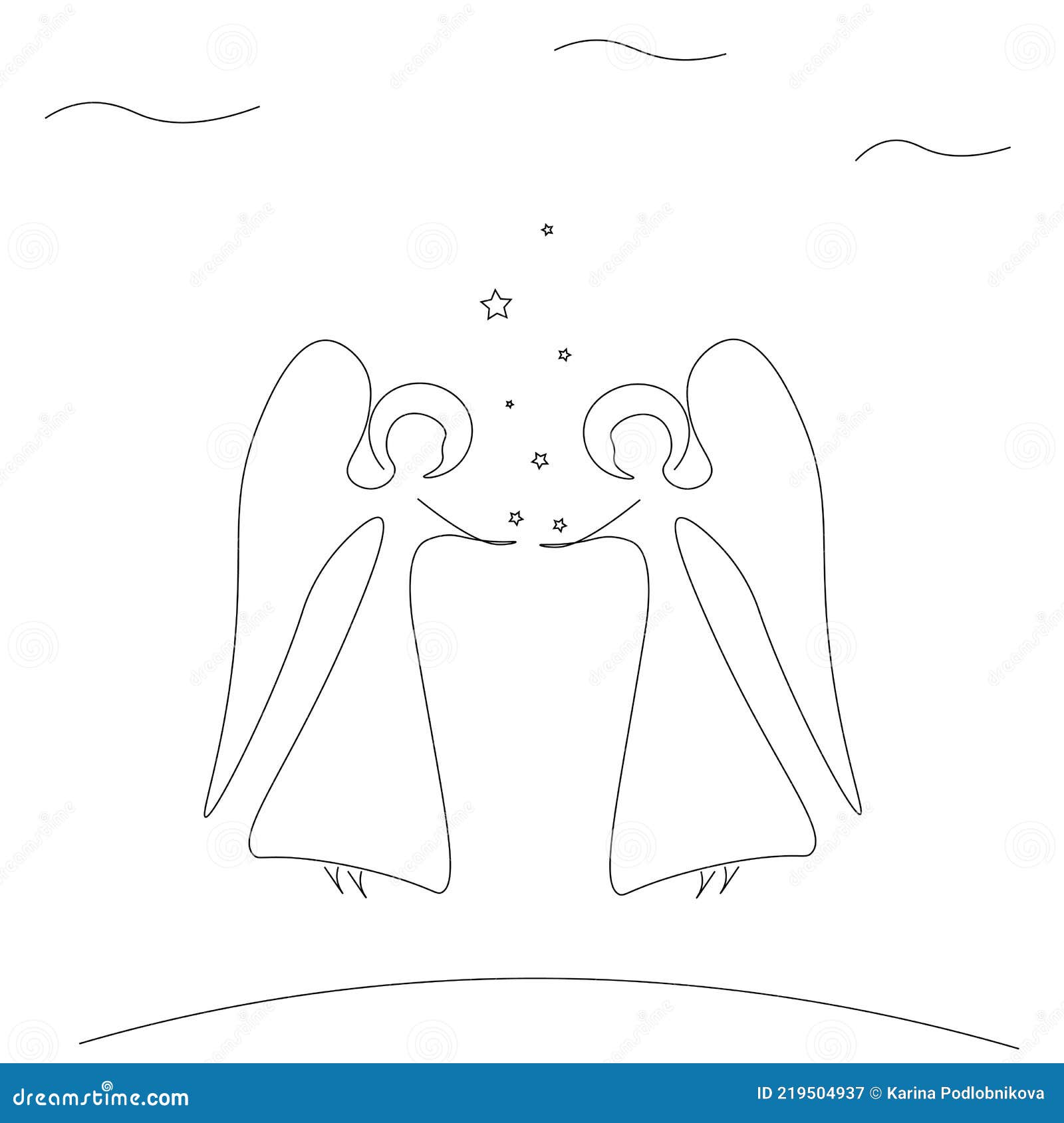 Angels Flying in Sky with Stars Line Drawing, Vector Illustration Stock ...