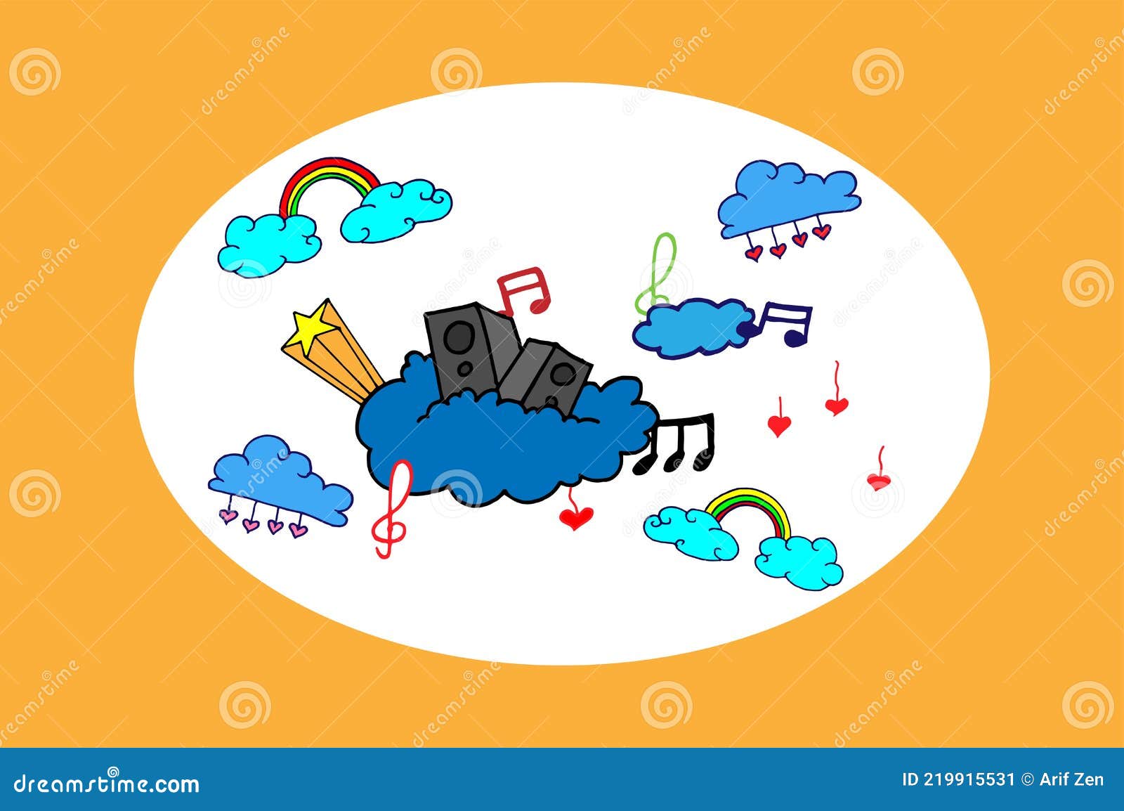 Music Illustration with Speaker, Rainbow, Notes, Clouds and Hearts ...
