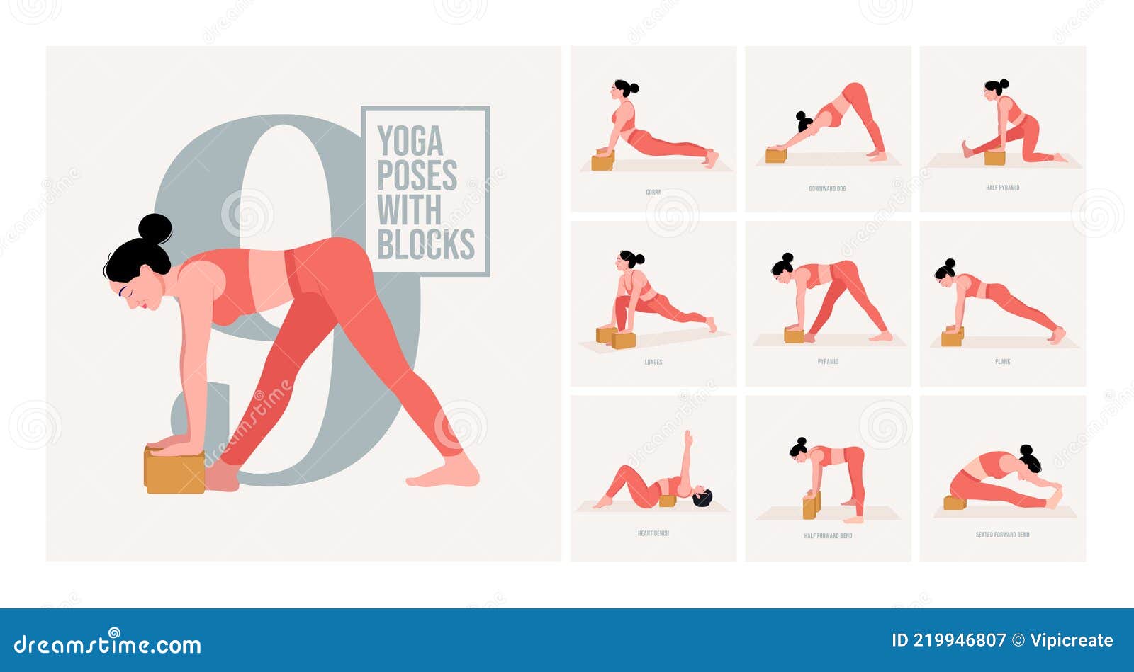 Yoga poses with blocks. stock vector. Illustration of flat - 219946807
