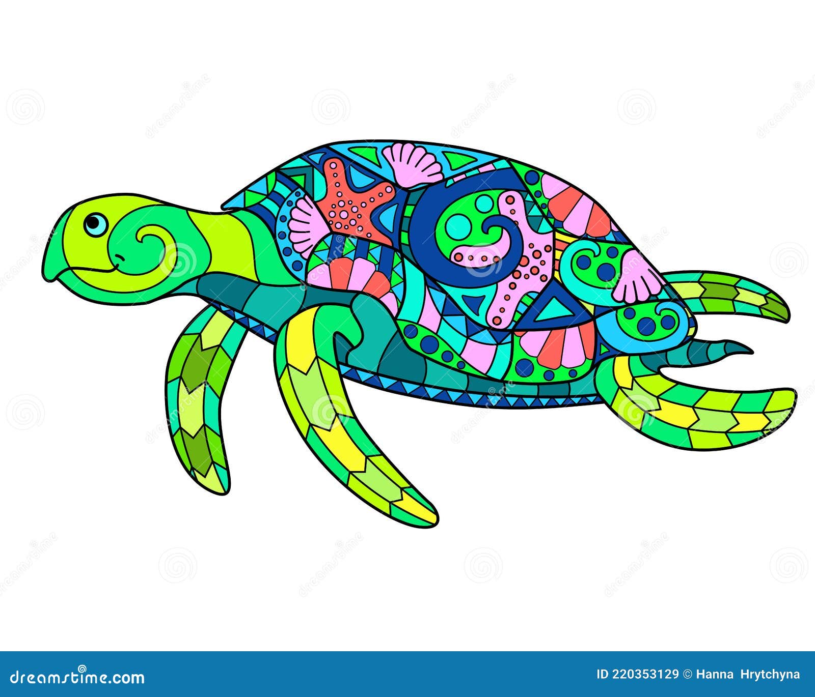 Turtle - Vector Linear Full Color Illustration. Ocean Animal - Colorful ...