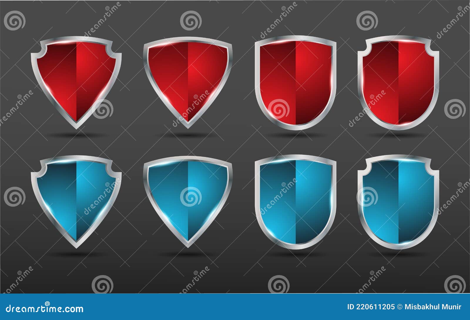 Realistic Shield Design Collection with Silver Frame and Different ...