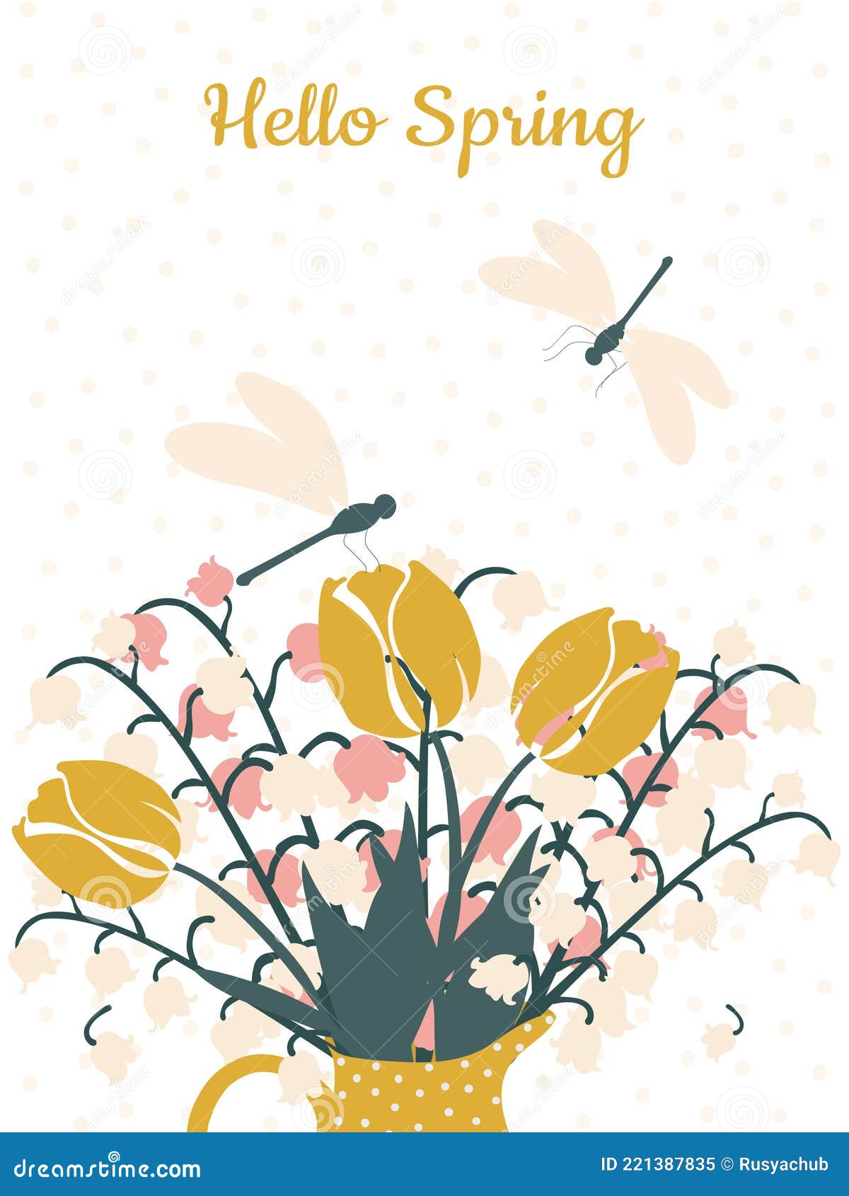 Spring Card Hello Spring with Dragonflies. Bouquet of Cute Lilies of ...
