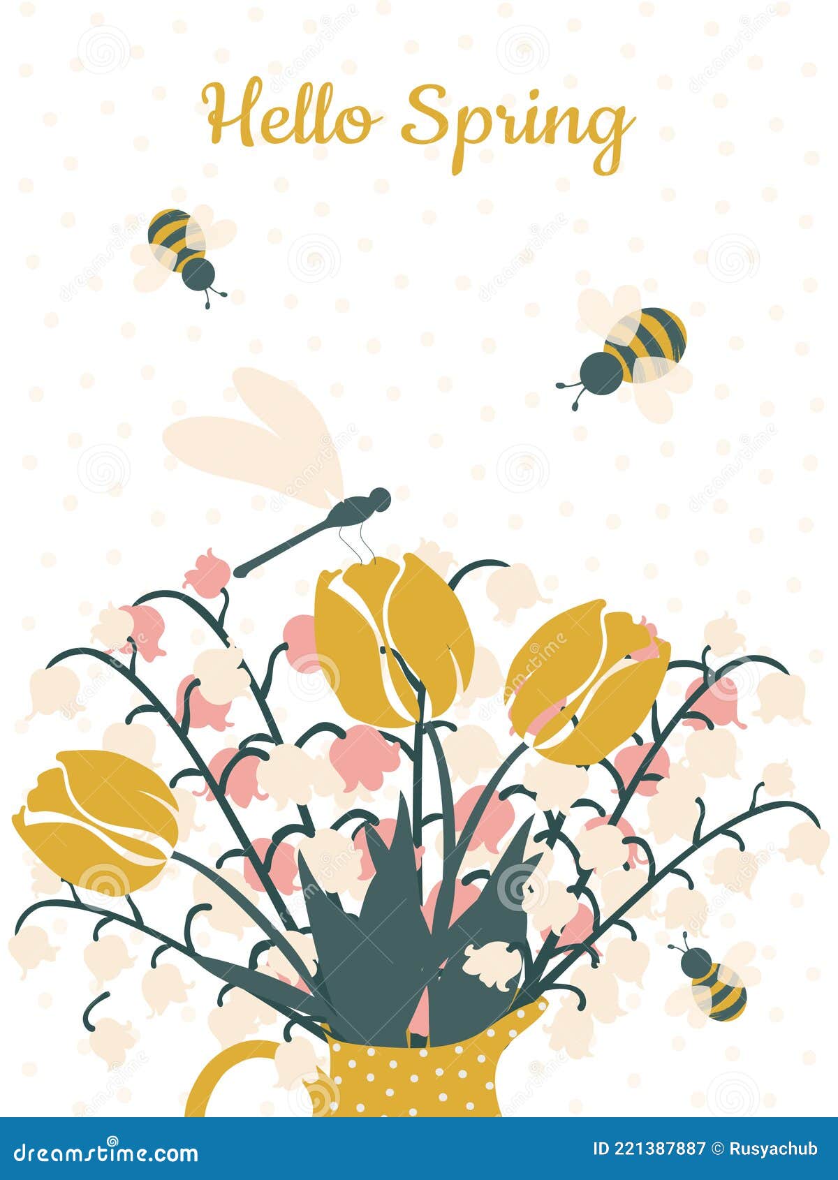 Spring Card Hello Spring with Bees. Bouquet of Cute Lilies of the ...