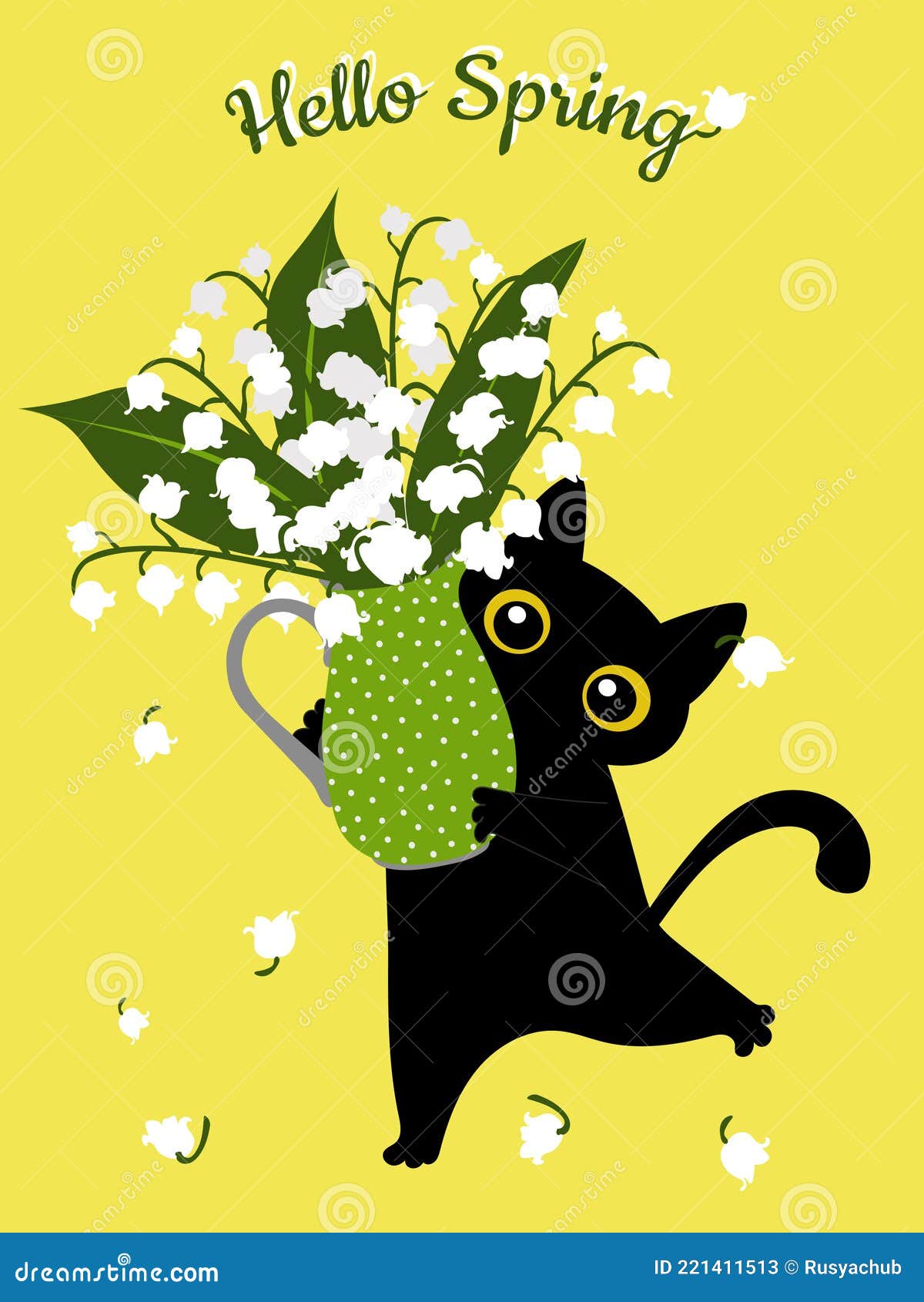 Spring Greeting Card Hello Spring. Black Funny Cat Stock Vector ...