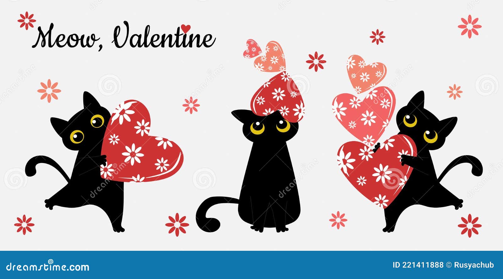 Black Cat and Flower Heart. Meow Valentine`s Day Card. Stock Vector ...