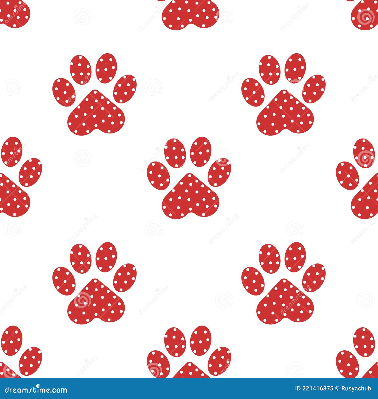 Seamless Pattern of Red Cat Paws with White Polka Dots on White ...