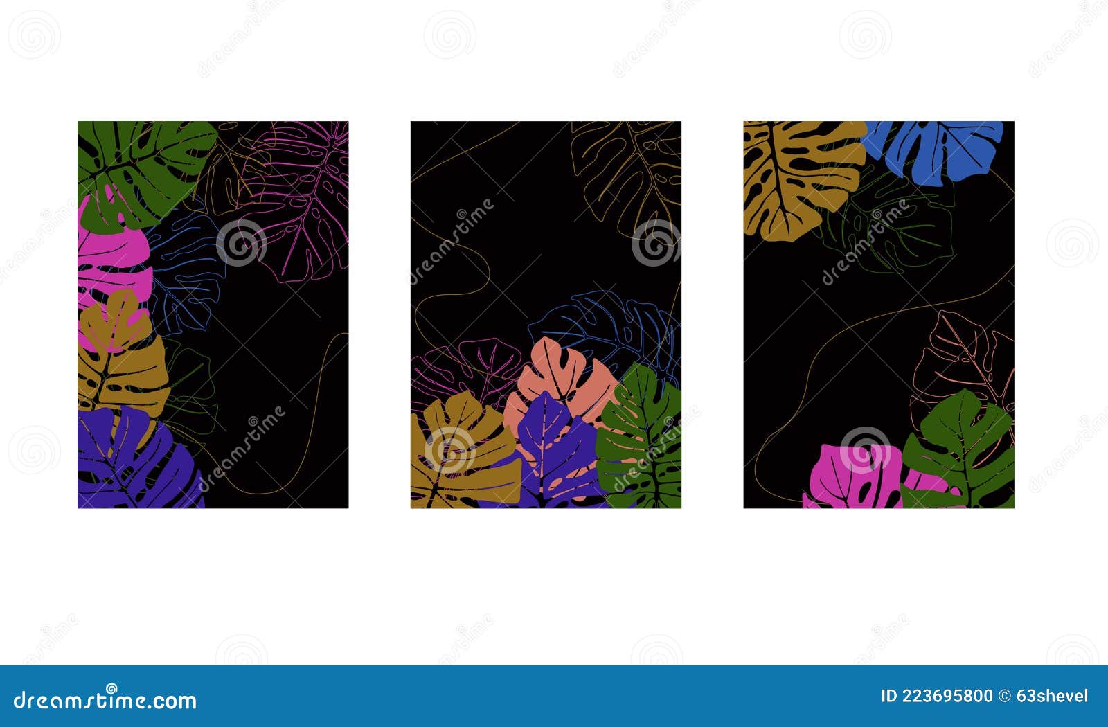 Hand Drawings of Bright Colored Tropical Monstera Leaves for Banners ...