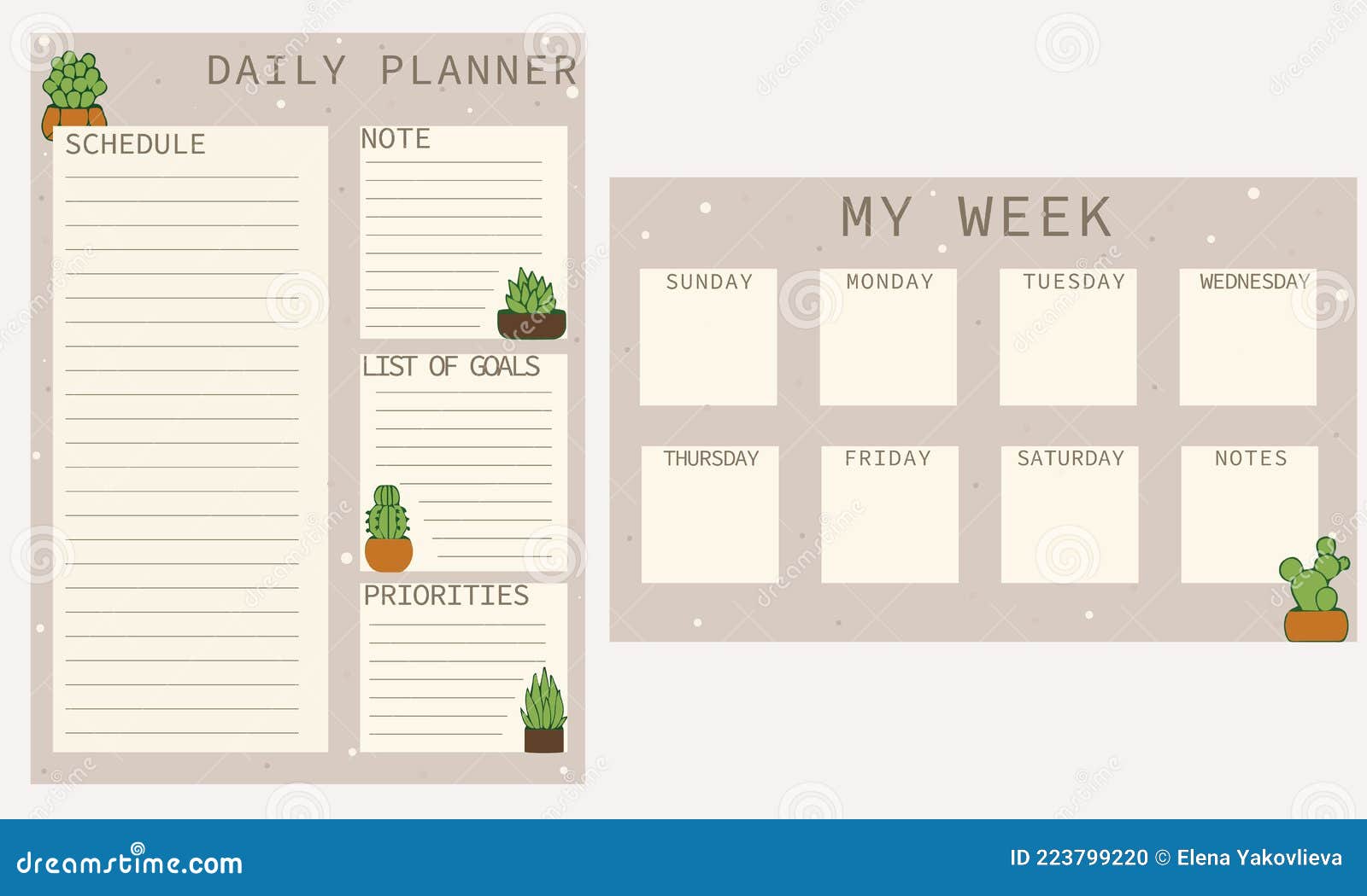 Daily Planner in Beige, Brown. Schedule, Notes, Goal List, Priorities ...